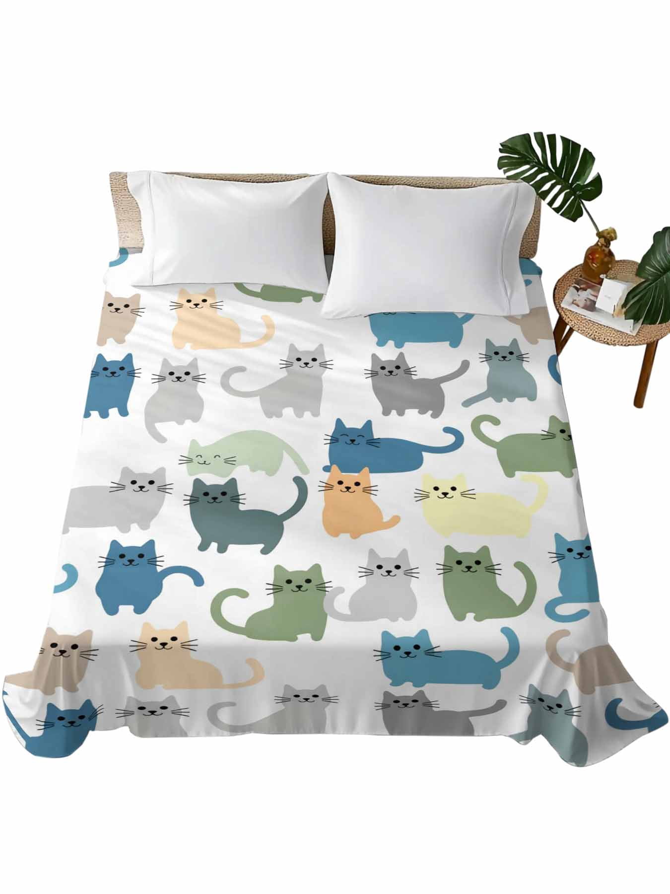 King Size Flat Sheet Only, Cute Cats Animals Soft Brushed Microfiber ...