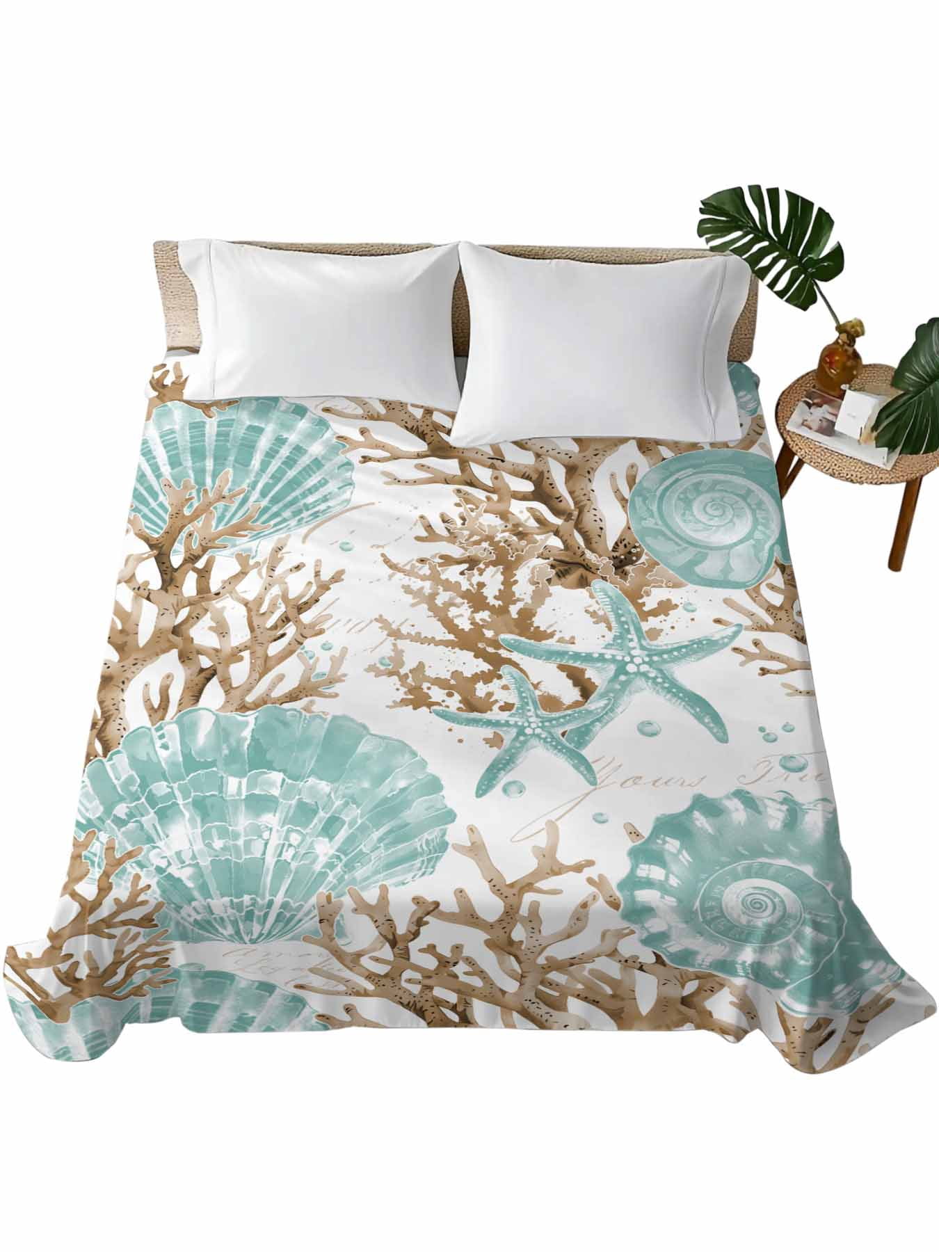California King Size Flat Sheet Only, Green Coastal Seashells Soft ...