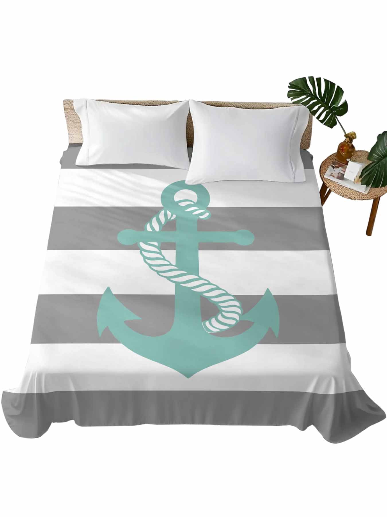 King Size Flat Sheet Only, Nautical Anchor Soft Brushed Microfiber Bed ...