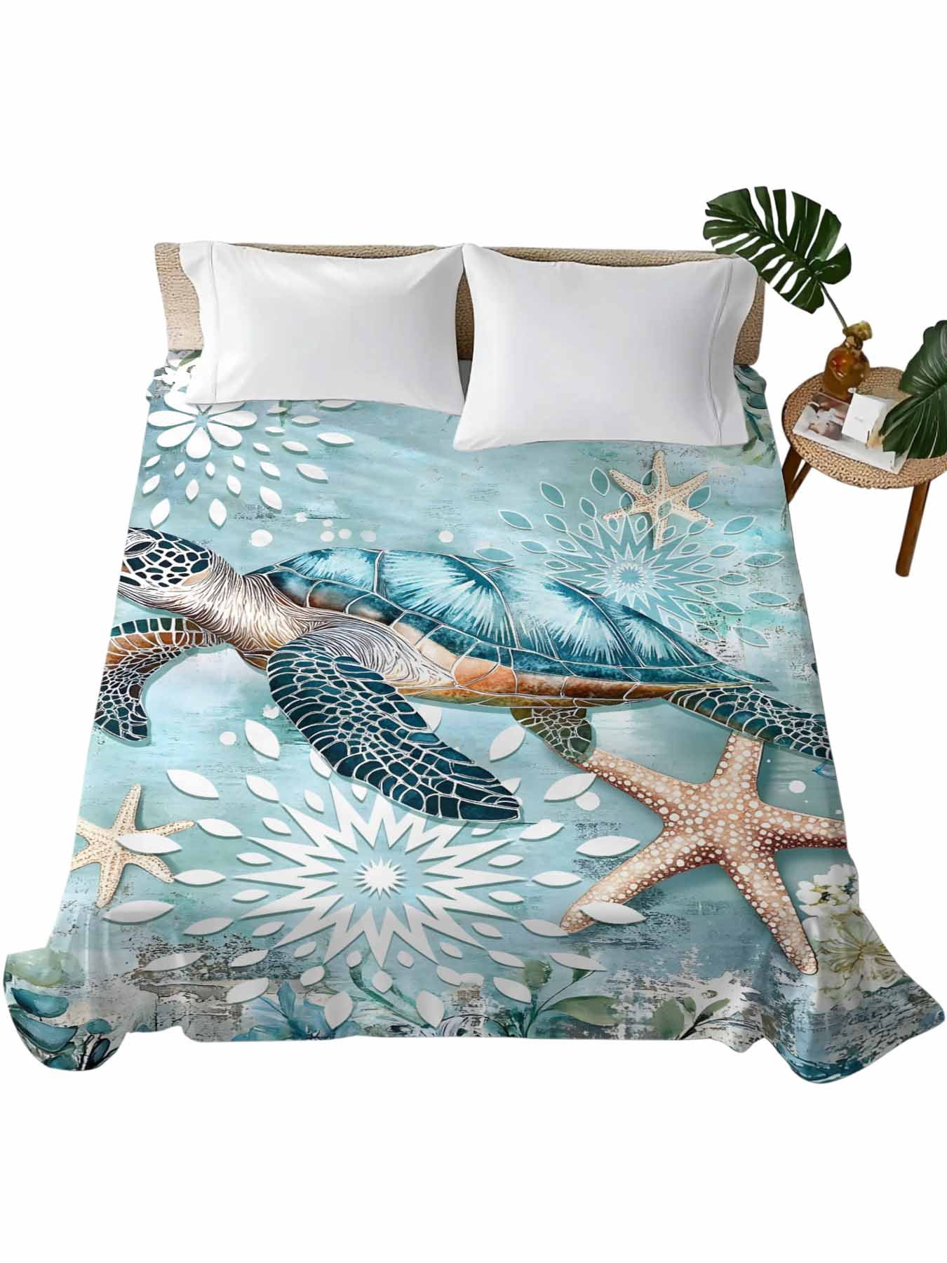 King Size Flat Sheet Only, Sea Turtle Coastal Soft Brushed Microfiber ...