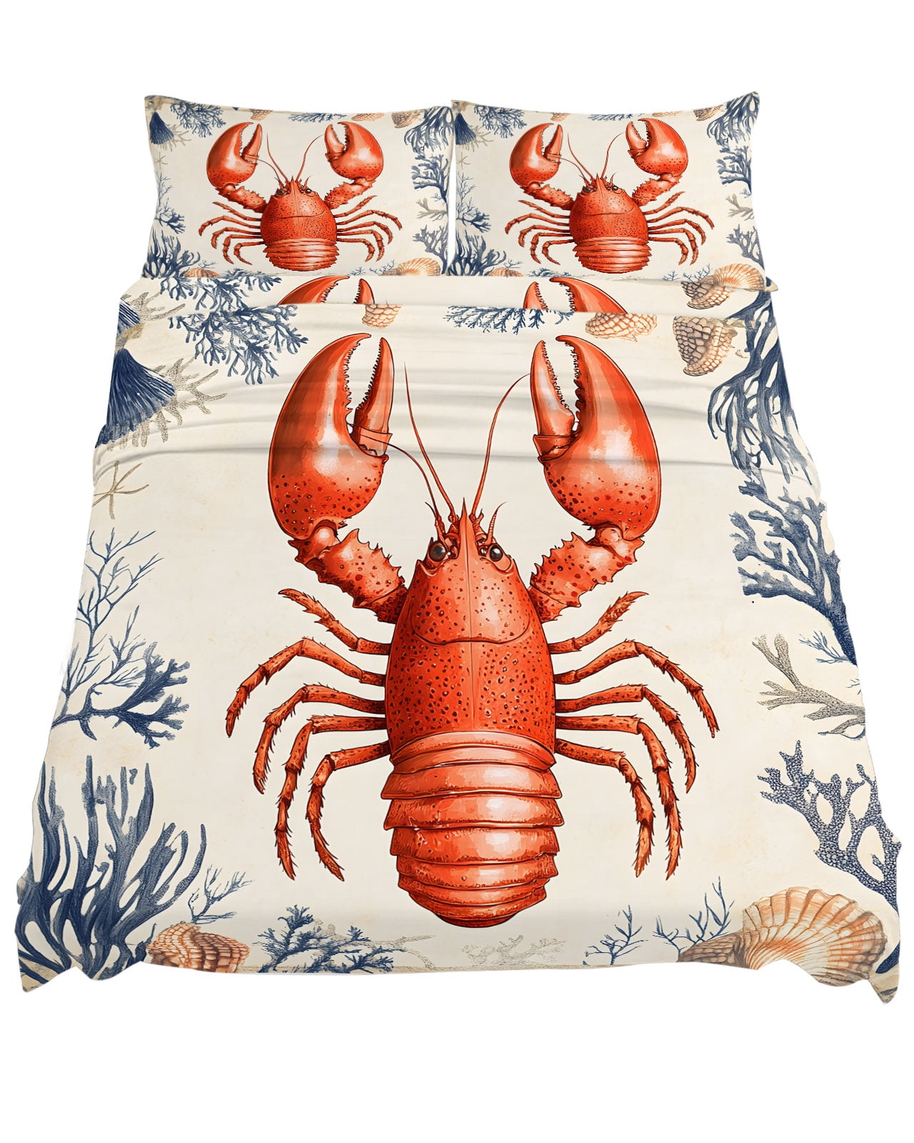 California King Size Marine Life Sheet Sets Red Lobster Shell Seaweed ...