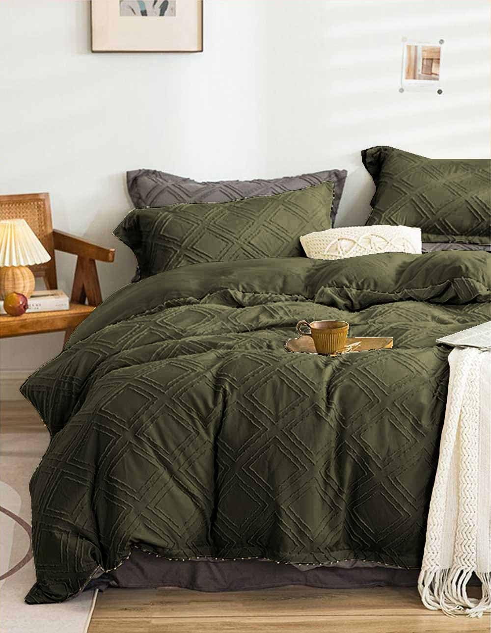 California King Size Olive Green Comforter Set, Boho Tufted Jacquard ...