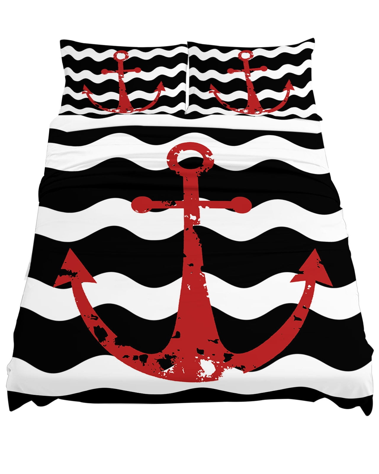 California King Size Red Nautical Sheet Sets Anchor Navy Blue Wavy ...