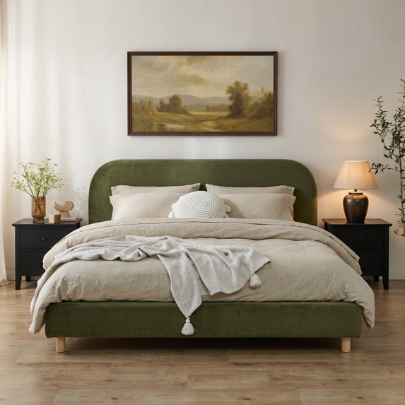 California King Size Upholstered Bed Frame With Velvet Fabric And Curve ...