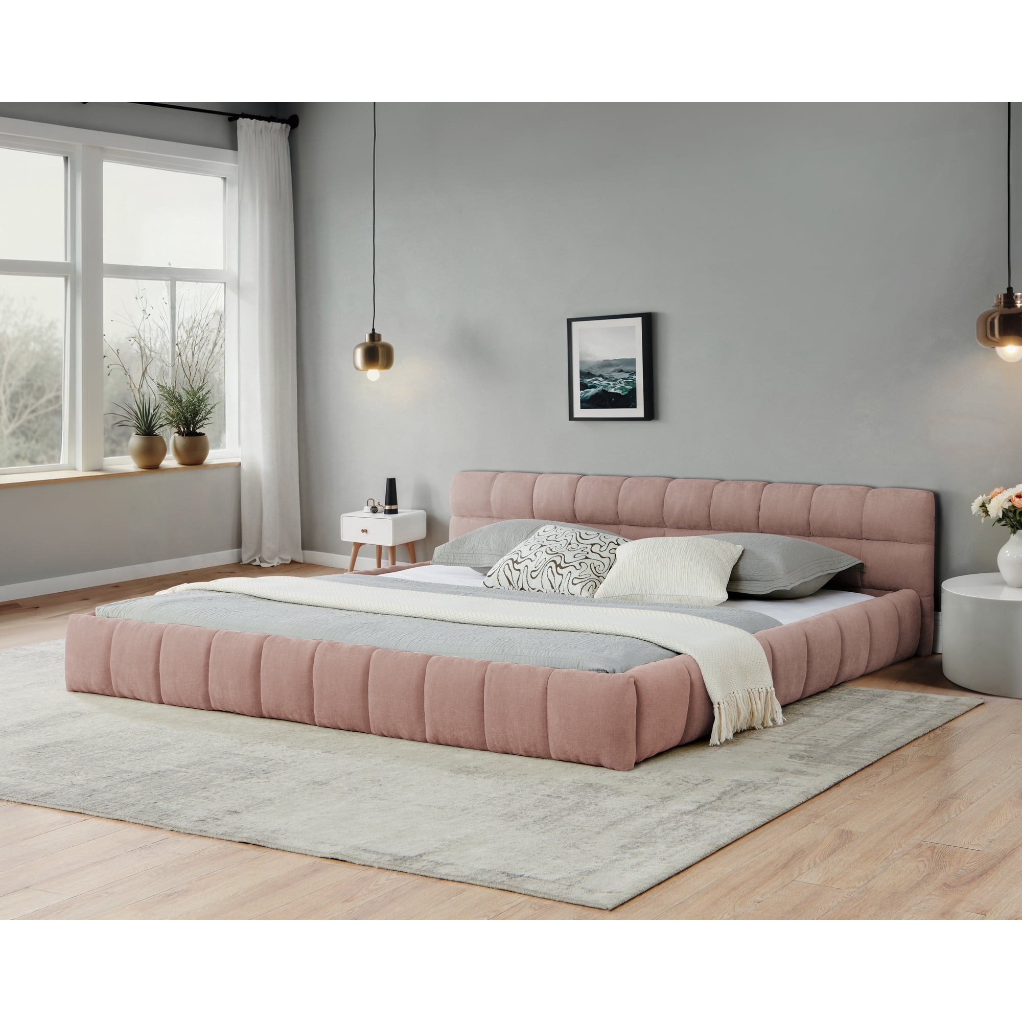 California King Upholstered Bed Frame - Pink Chenille Platform Bed with ...