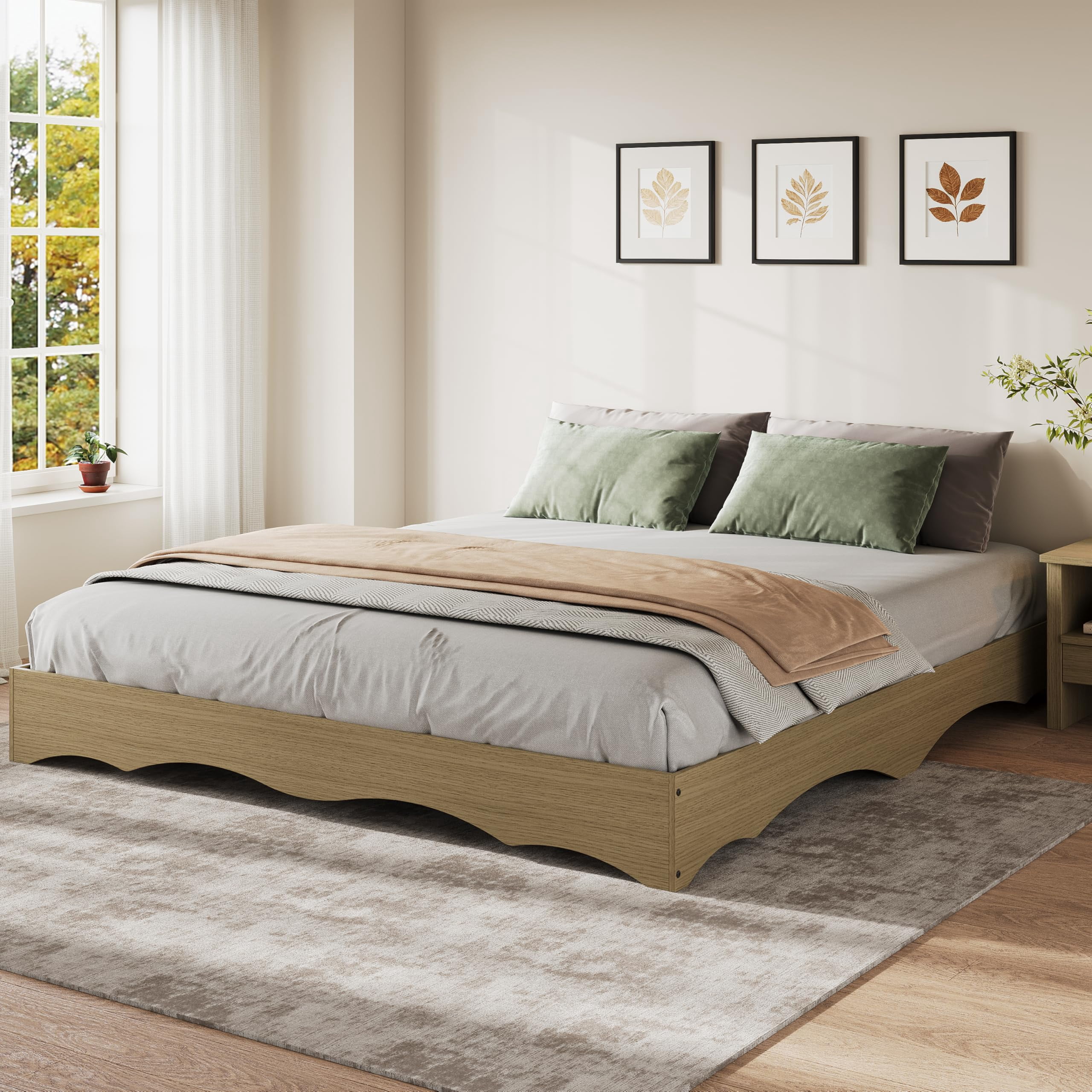 California King Wood Platform Bed Frame with Wave Edge Design, Sturdy ...