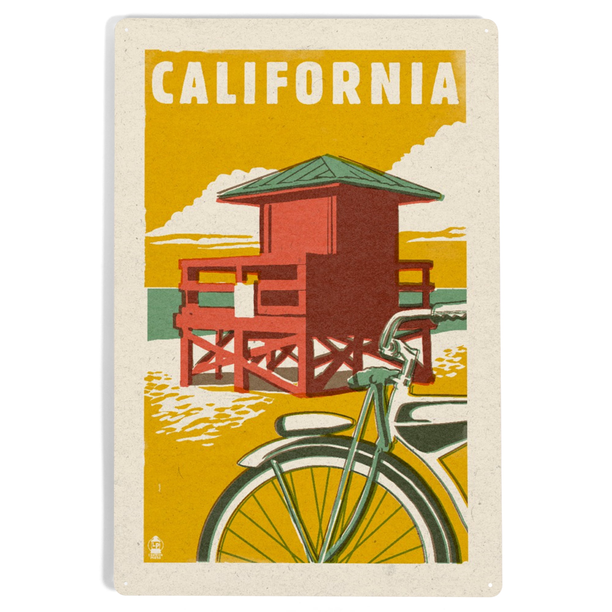 California, Lifeguard Tower Woodblock (12x18 Aluminum Art, Indoor ...