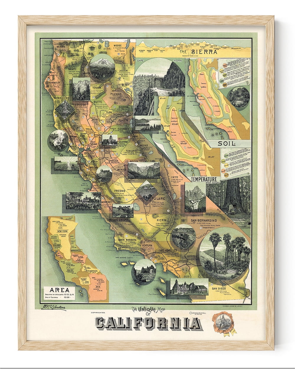 California Map 1885 Vintage State Illustration Pictorial Geography ...