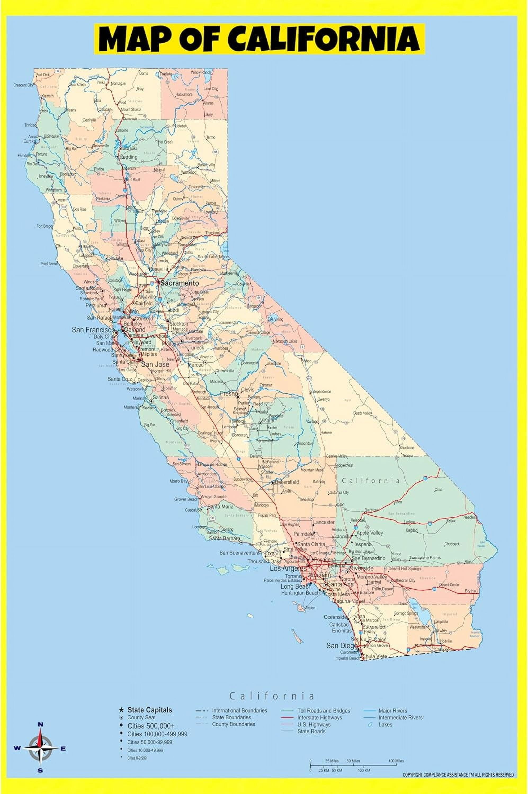 California Map Poster - Laminated Wall Map - Style A - 36x60 - Ideal ...