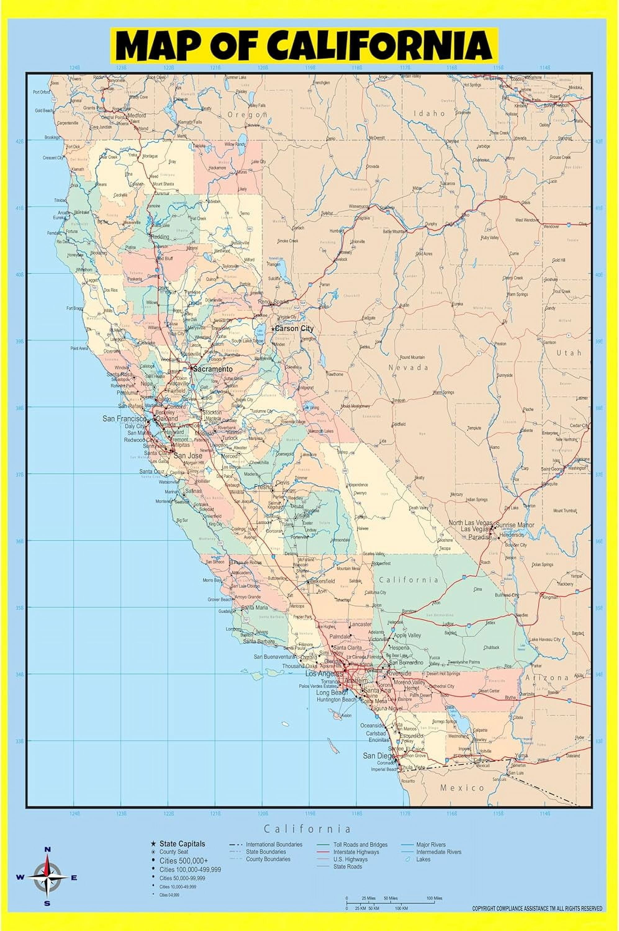 California Map Poster - Laminated Wall Map - Style C - 18x24 - Ideal ...