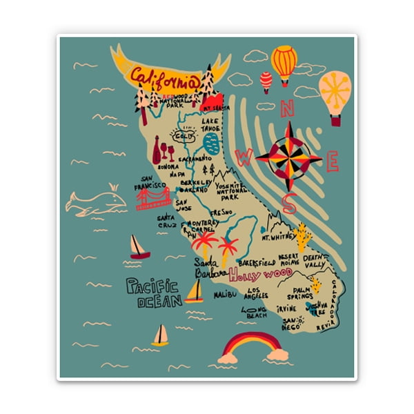 California Map Travel State Shape - 12" Vinyl Sticker Waterproof Decal ...
