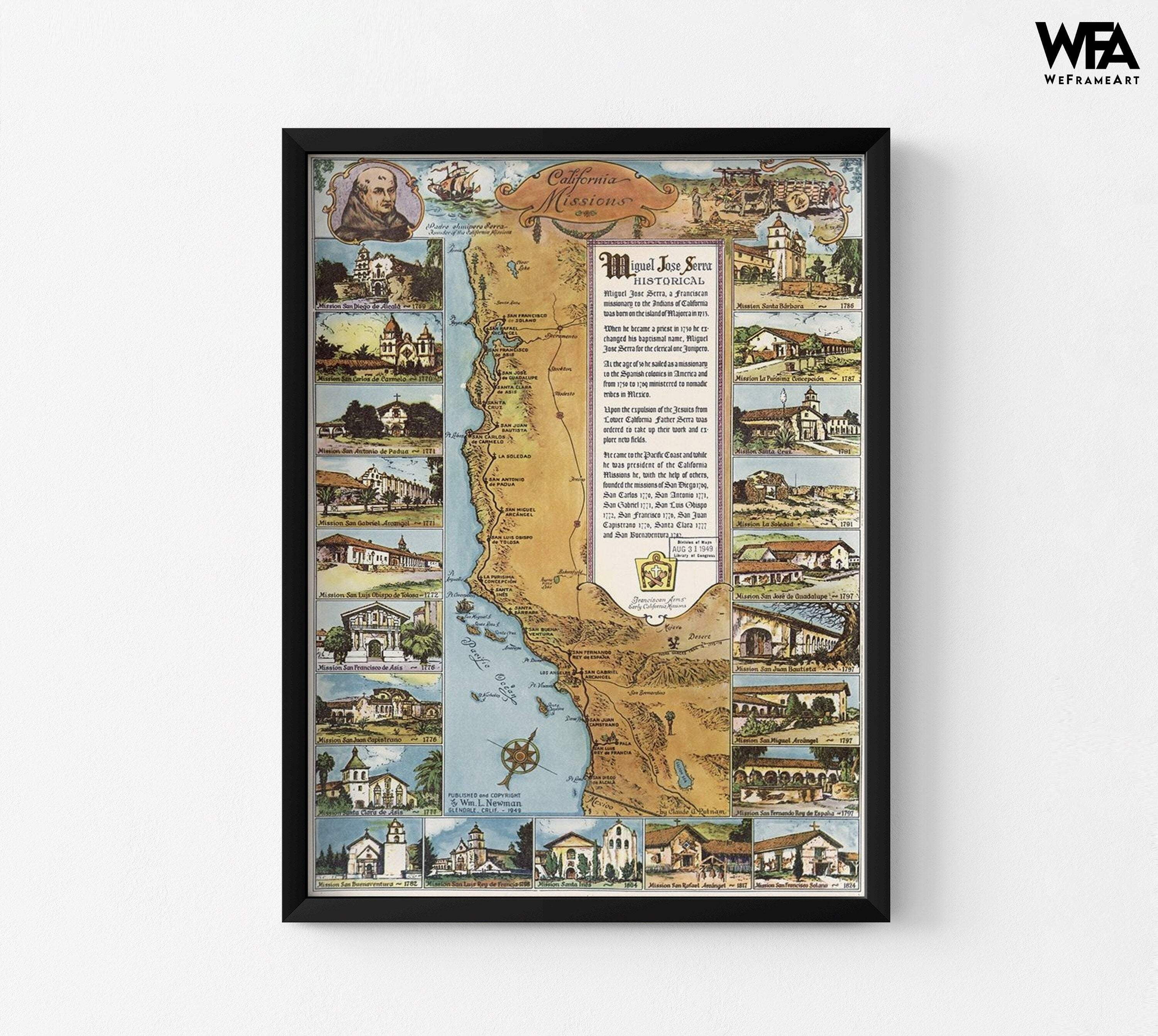 California Missions, Antique California Historic Poster Print, USA ...