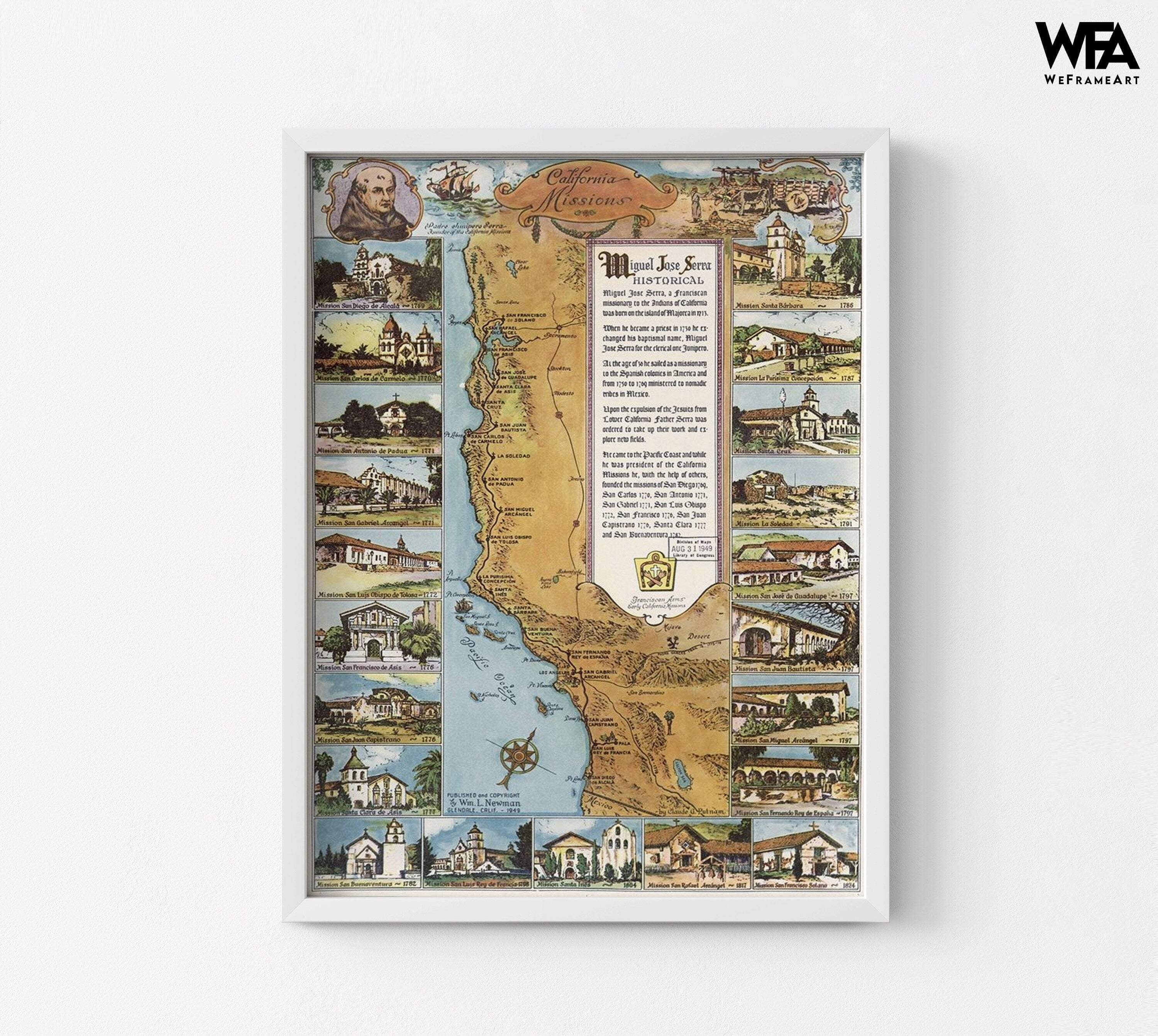 California Missions, Antique California Historic Poster Print, USA ...