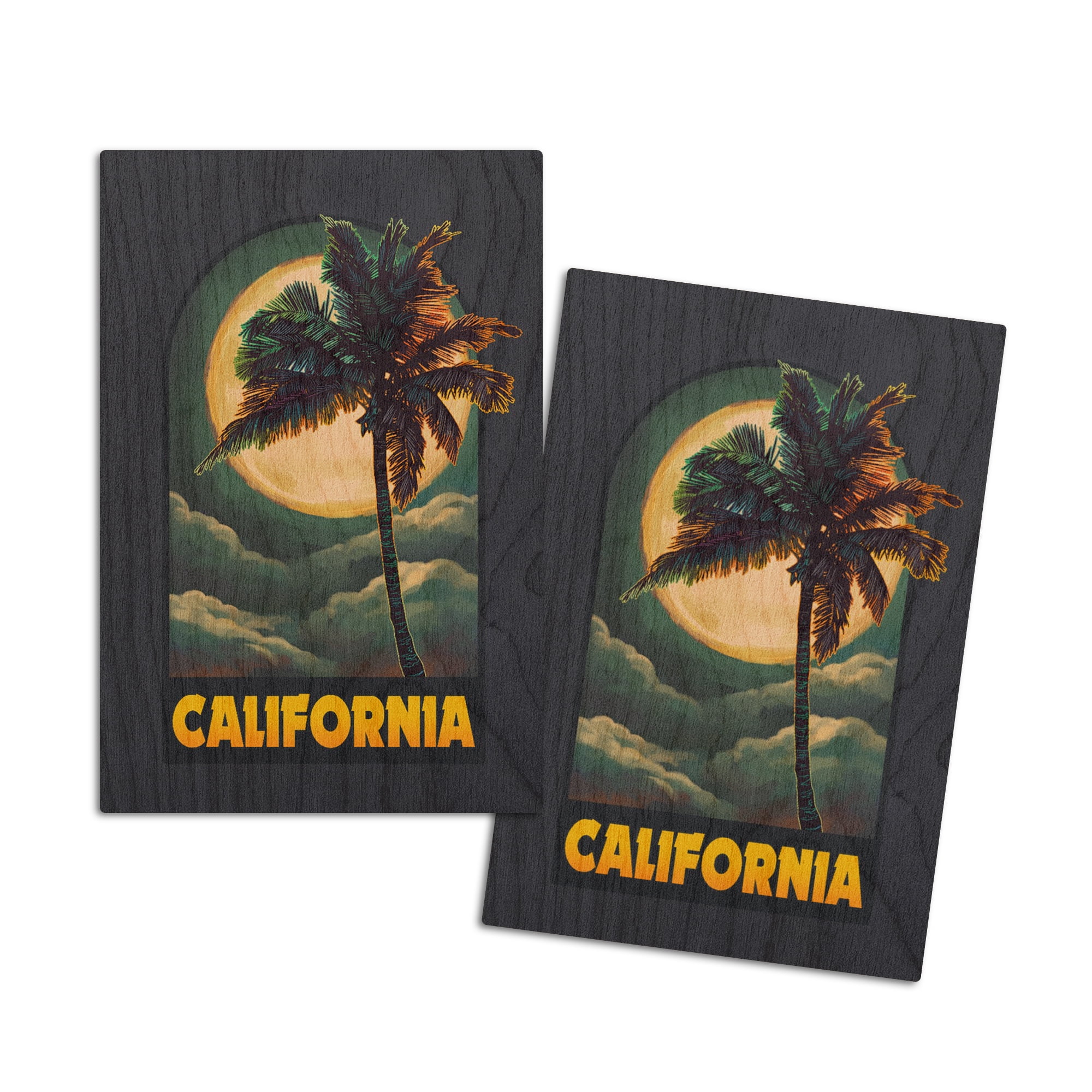 California, Palms and Moon, Contour (4x6 Birch Wood Postcards, 2-Pack ...