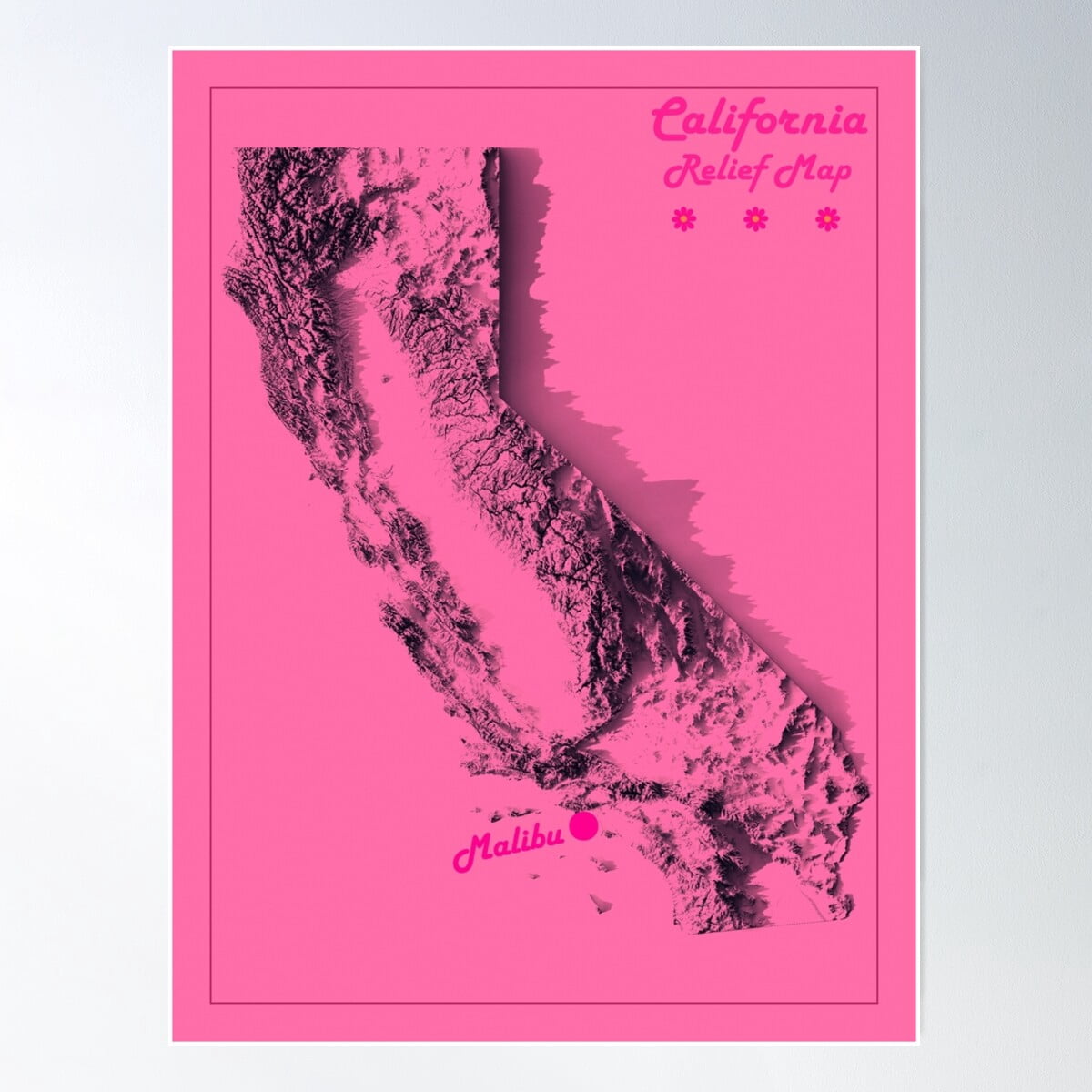 California Pink Relief Map Malibu Beach 3D Digitally-Rendered Poster ...