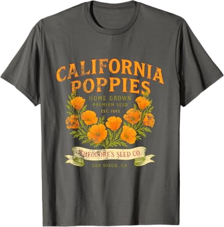 California Poppies Women Tee Vintage Floral Harvest Flowers T-Shirt ...