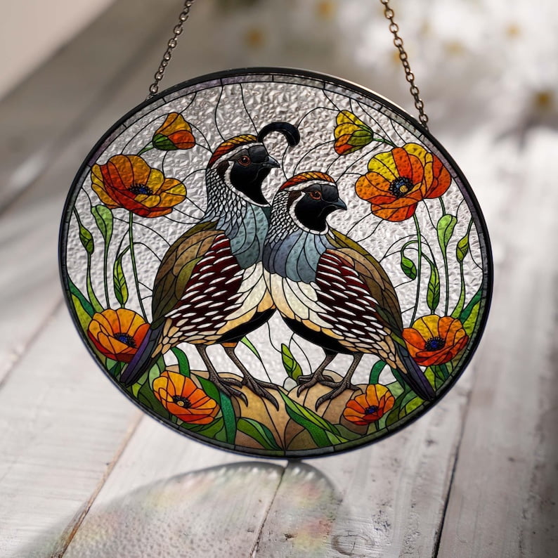 California Quail couple and poppies GLASS Hanging, Bird Lover Decor ...