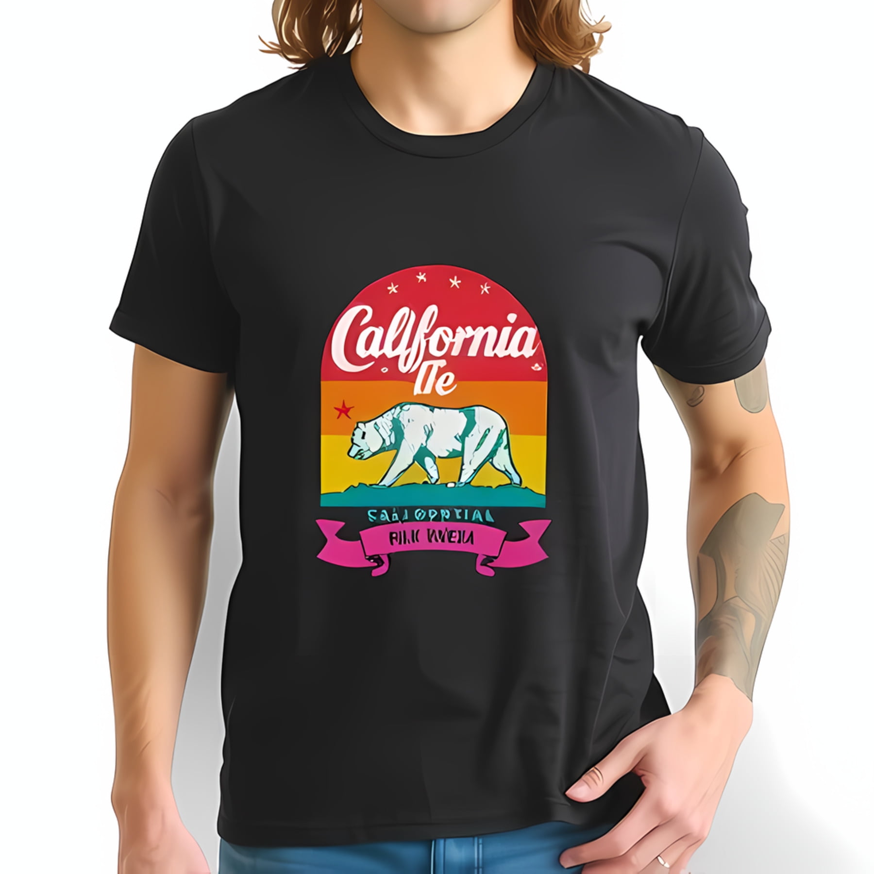 California Retro Bear T-Shirt - Black Cotton Short Sleeve Tee with ...