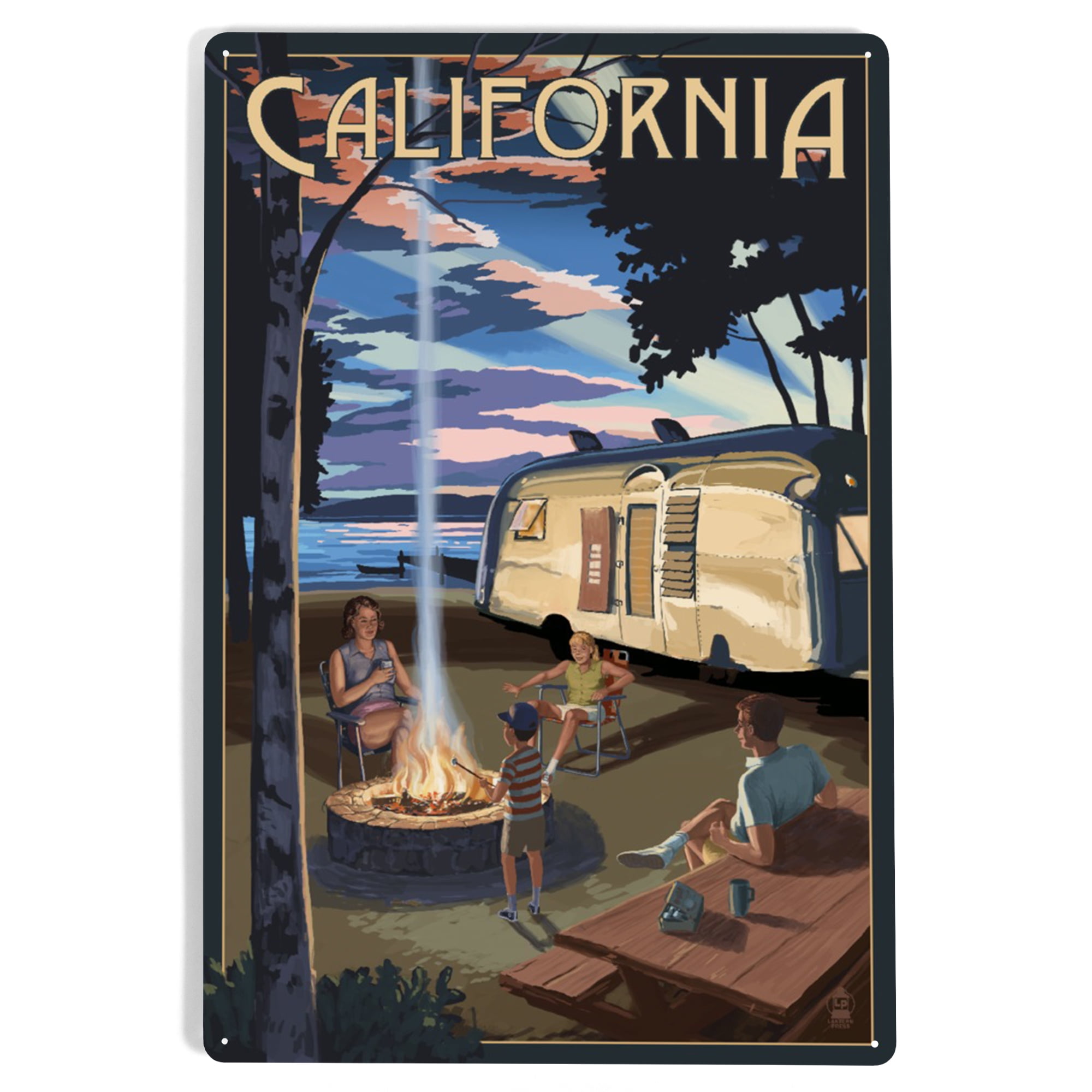 California, Retro Camper and Lake (12x18 Aluminum Art, Indoor Outdoor ...