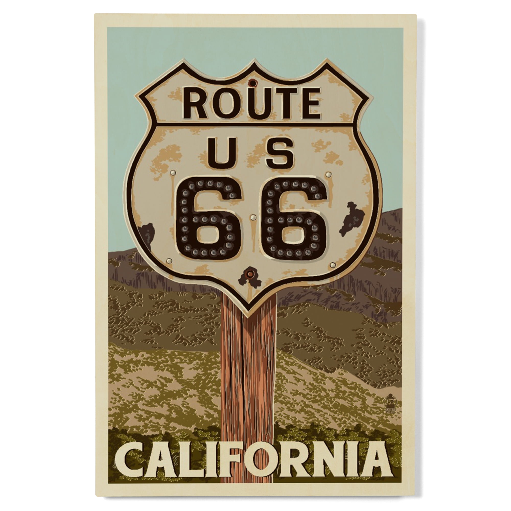 California, Route 66, Letterpress Birch Wood Wall Sign (12x18 Rustic ...