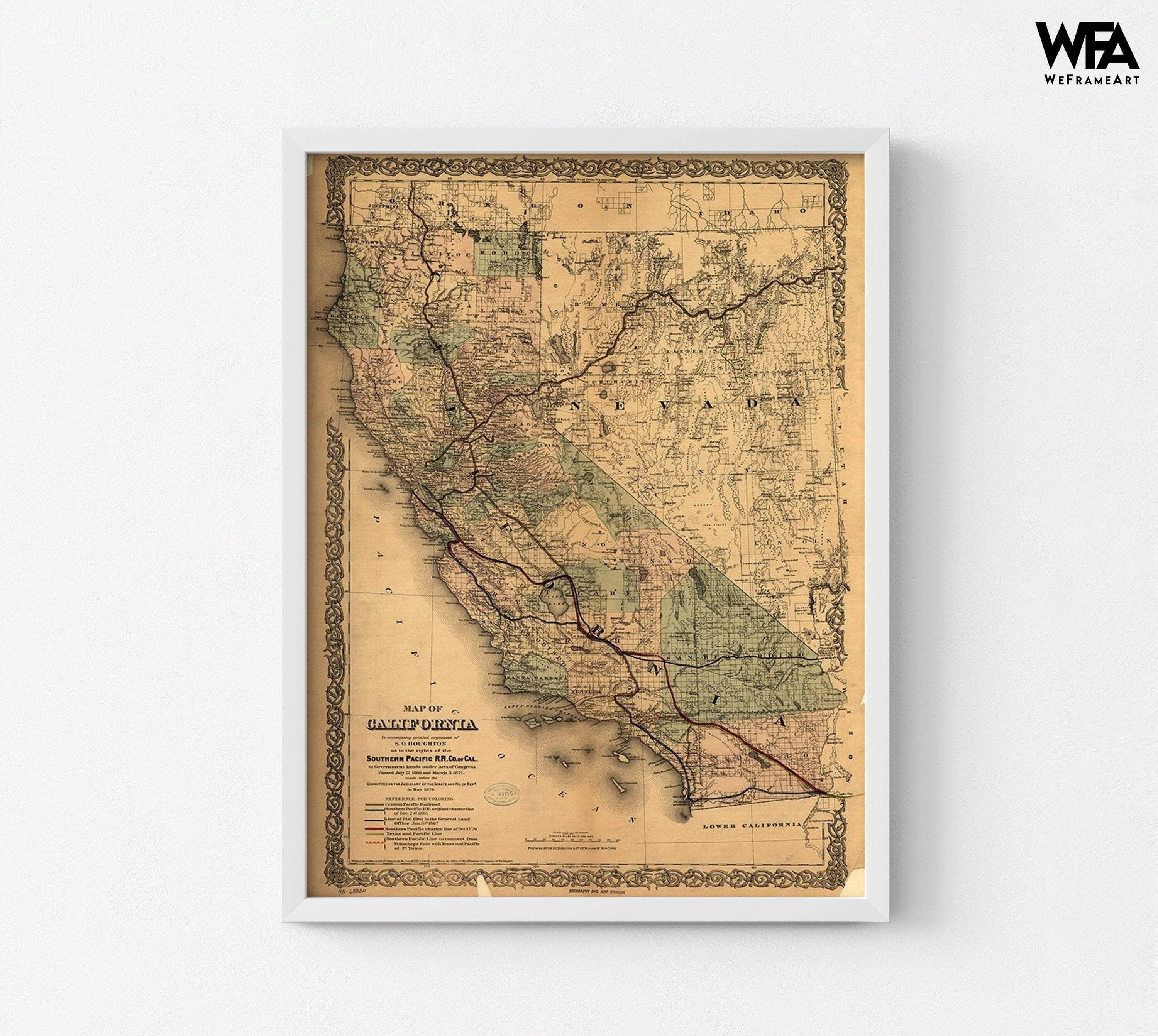 California Southern Pacific 1876, Antique California Map Print, Pacific ...
