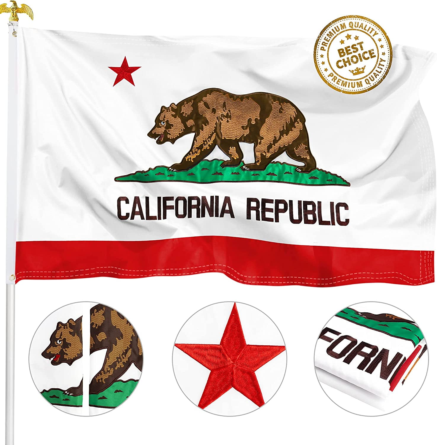 DANF California State Flag, 3x5 ft, 210D Nylon, Embroidered CA Flag ...