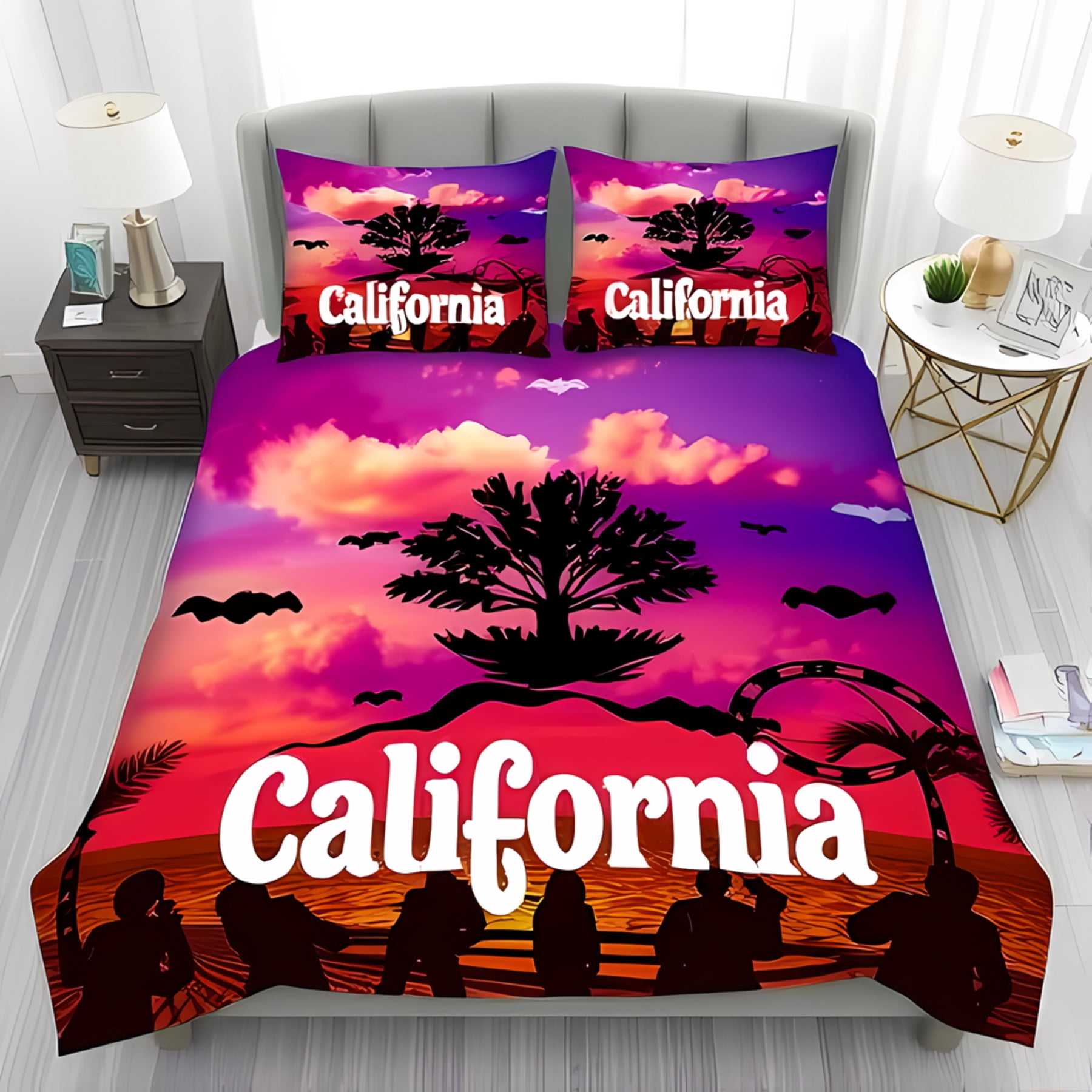 California Sunset 3-Piece Duvet Cover Set - Vibrant Quilt with Trees ...