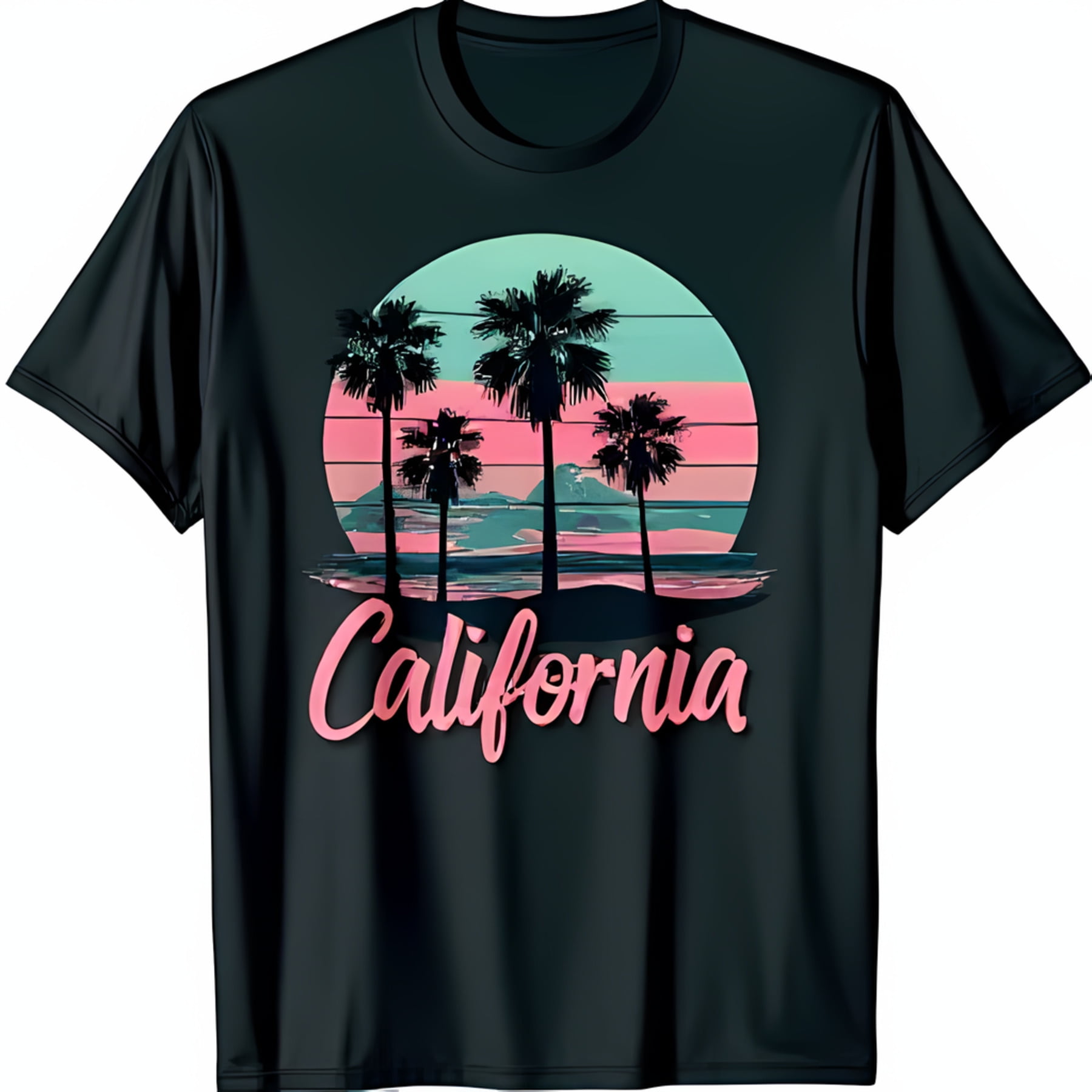 California Sunset Trees Graphic T-Shirt Black Background Pink Cursive ...