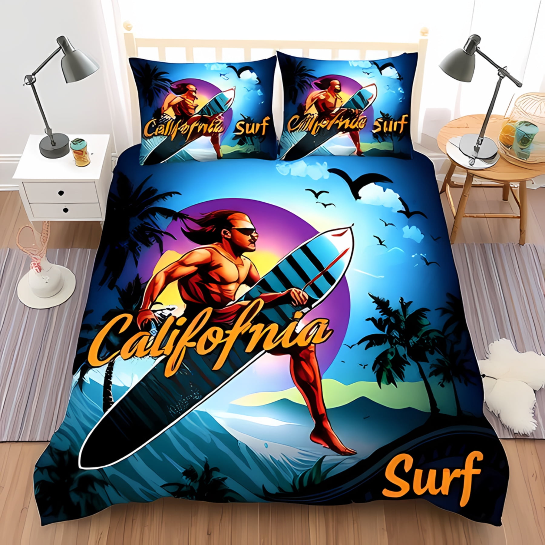 California Surf 3-Piece Duvet Cover Set - Vibrant Beach Scene with ...