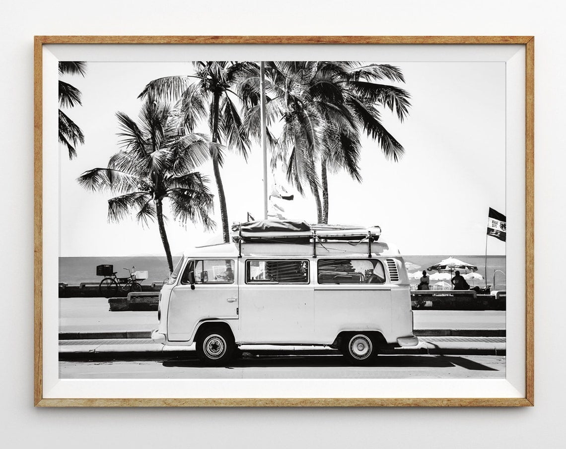 California Surf Van Print Boho Beach Poster Art Black White Beach Wall ...