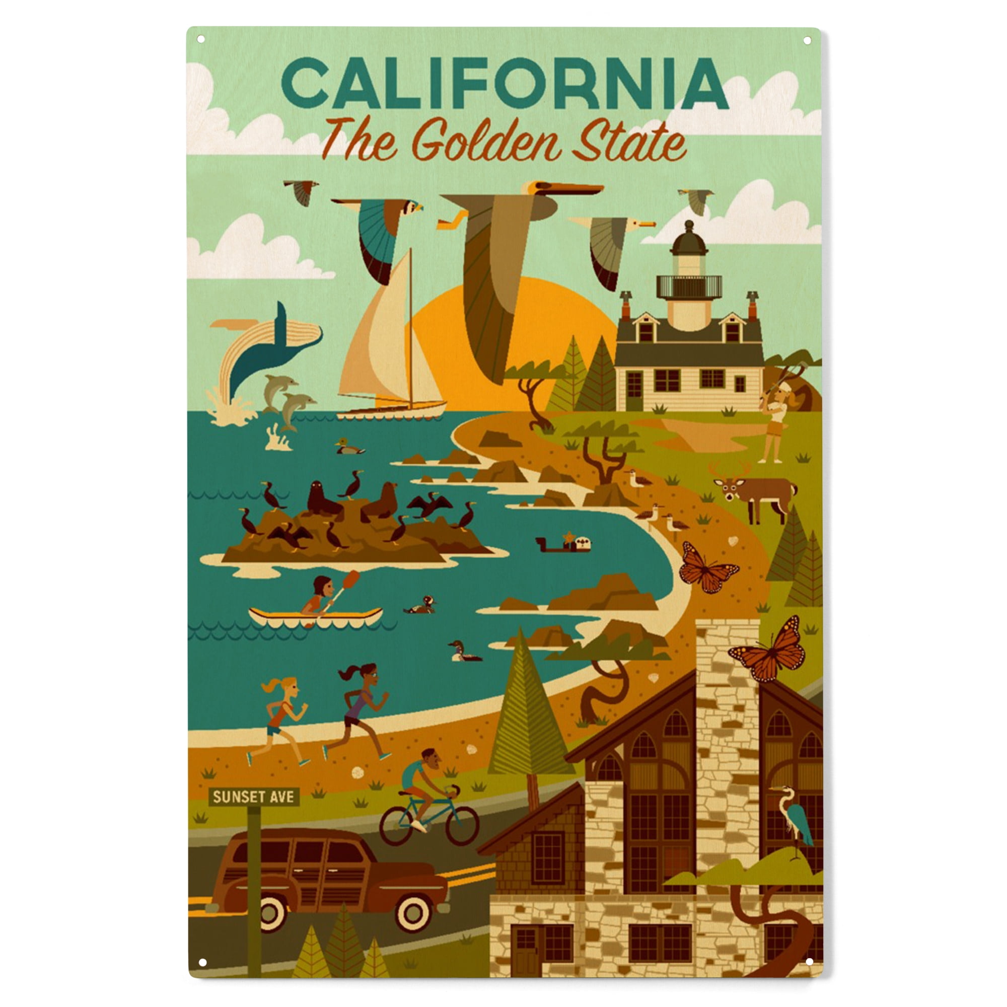 California, The Golden State, Geometric, Blue Sky Birch Wood Wall Sign ...