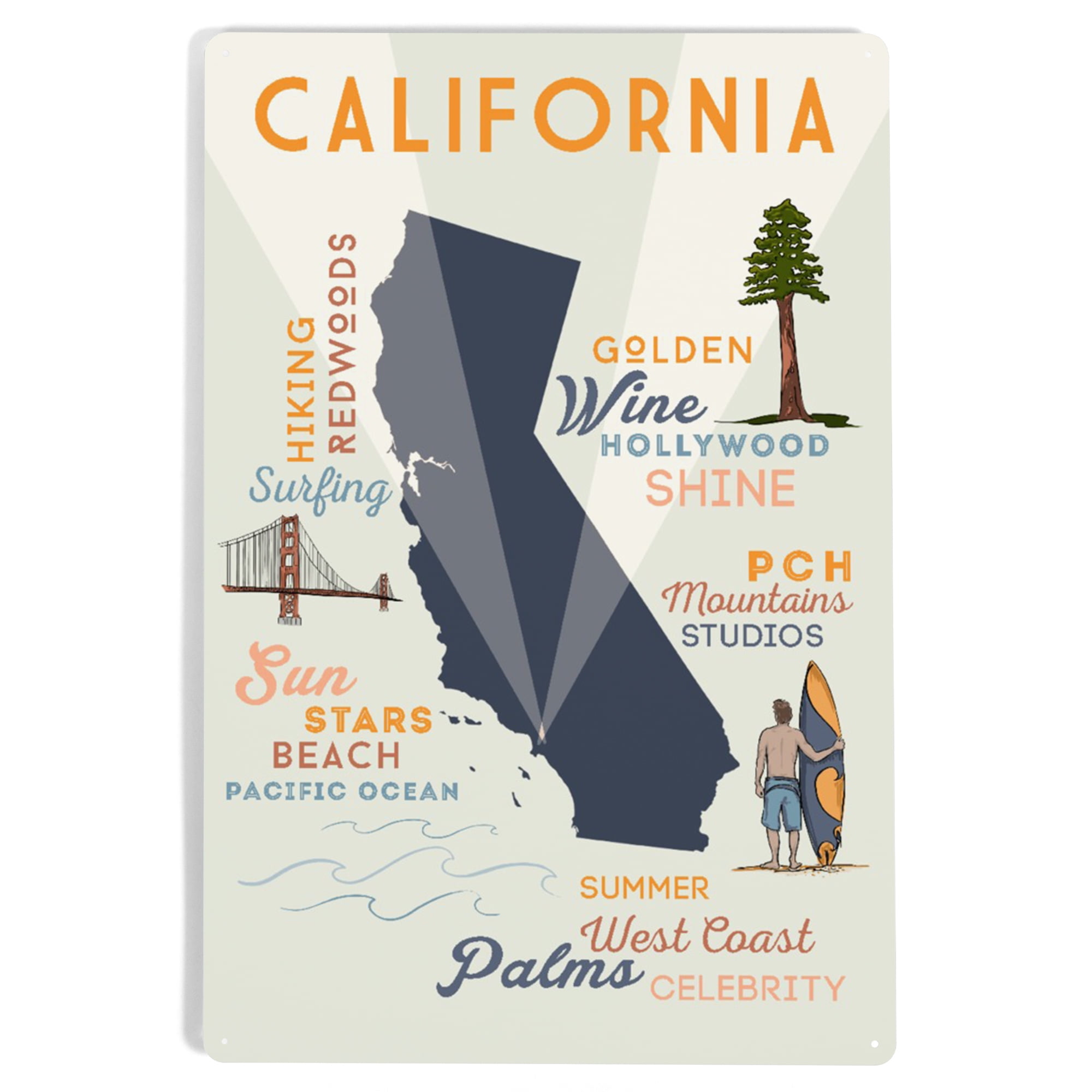 California, Typography and Icons (12x18 Aluminum Art, Indoor Outdoor ...