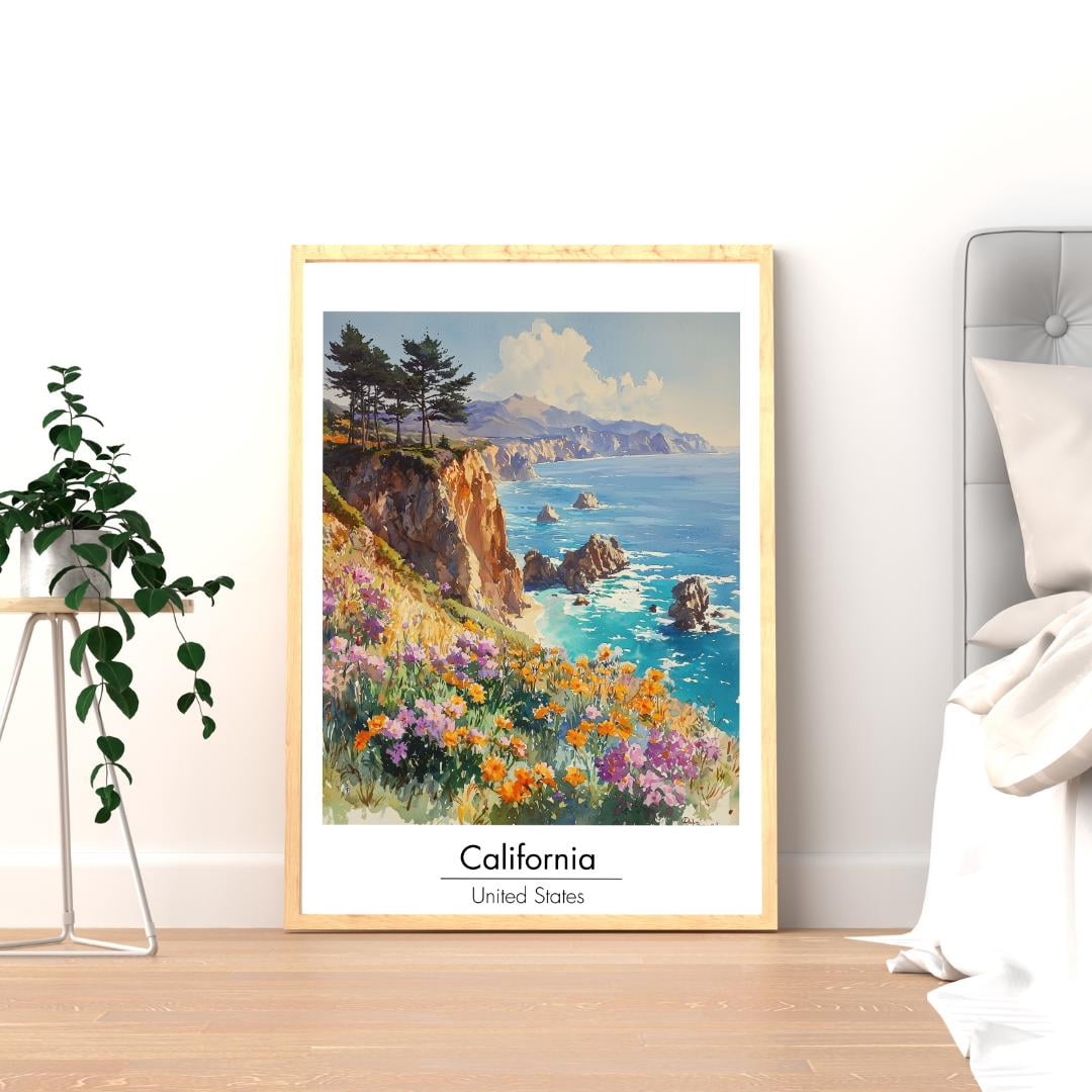 California Usa Travel Poster Usa Wall Art Watercolor Poster Coastal ...