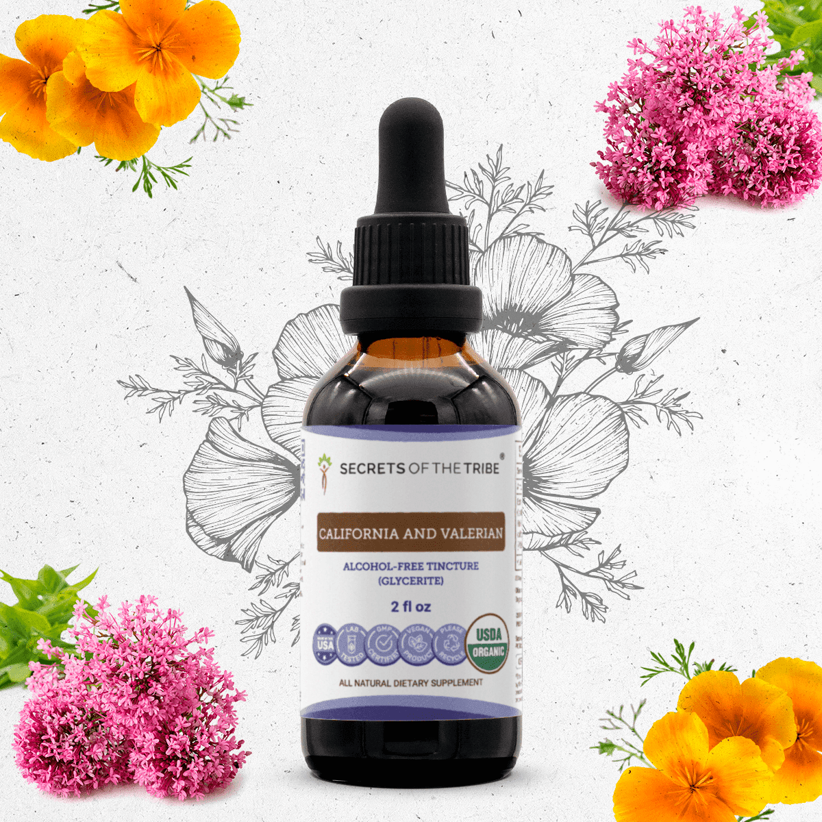 Secrets Of The Tribe California & Valerian Tincture, Alcohol-Free ...