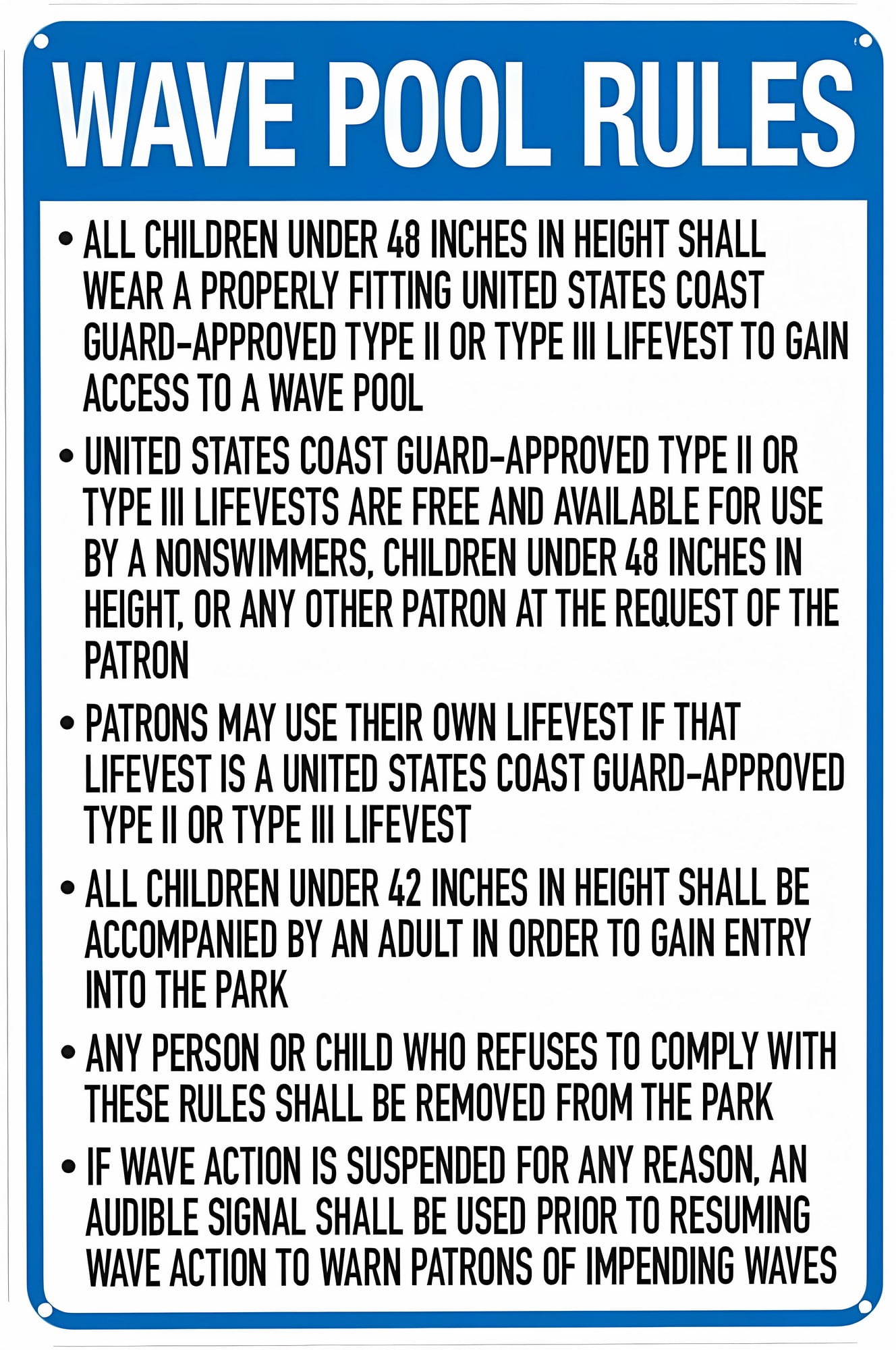 California Wave Pool Rules Sign 8"x12" - Pool Safety Code Compliant ...