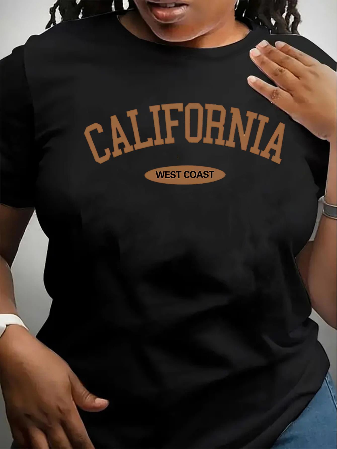 California West Coast Graphic Print T-Shirt for Women, Casual Crew Neck ...