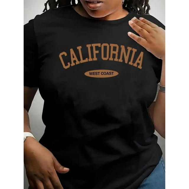 California West Coast Graphic Print T-Shirt for Women, Casual Crew Neck ...