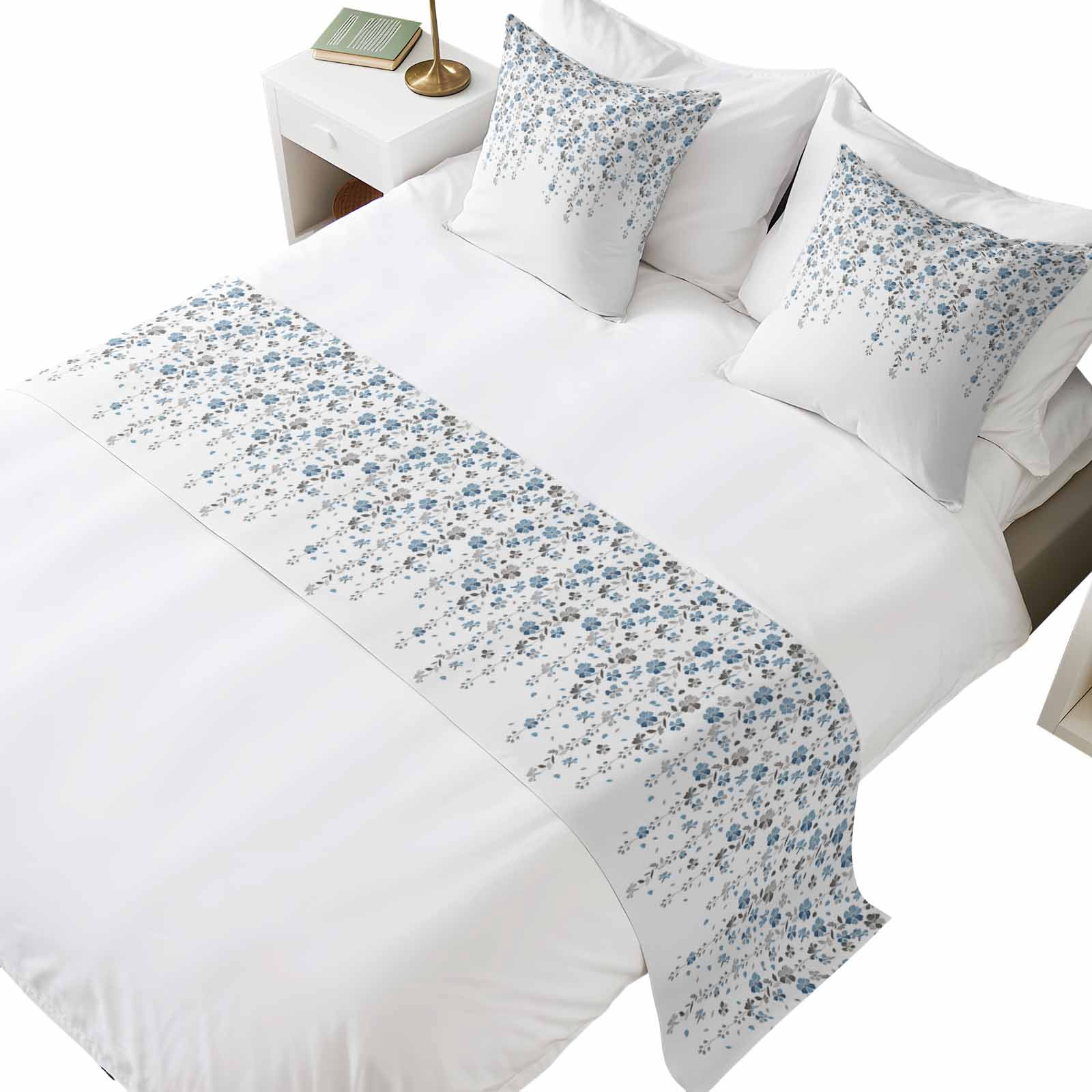 California King Size Flower Blue Bed Runner Set 102 x 20 inch Grey ...