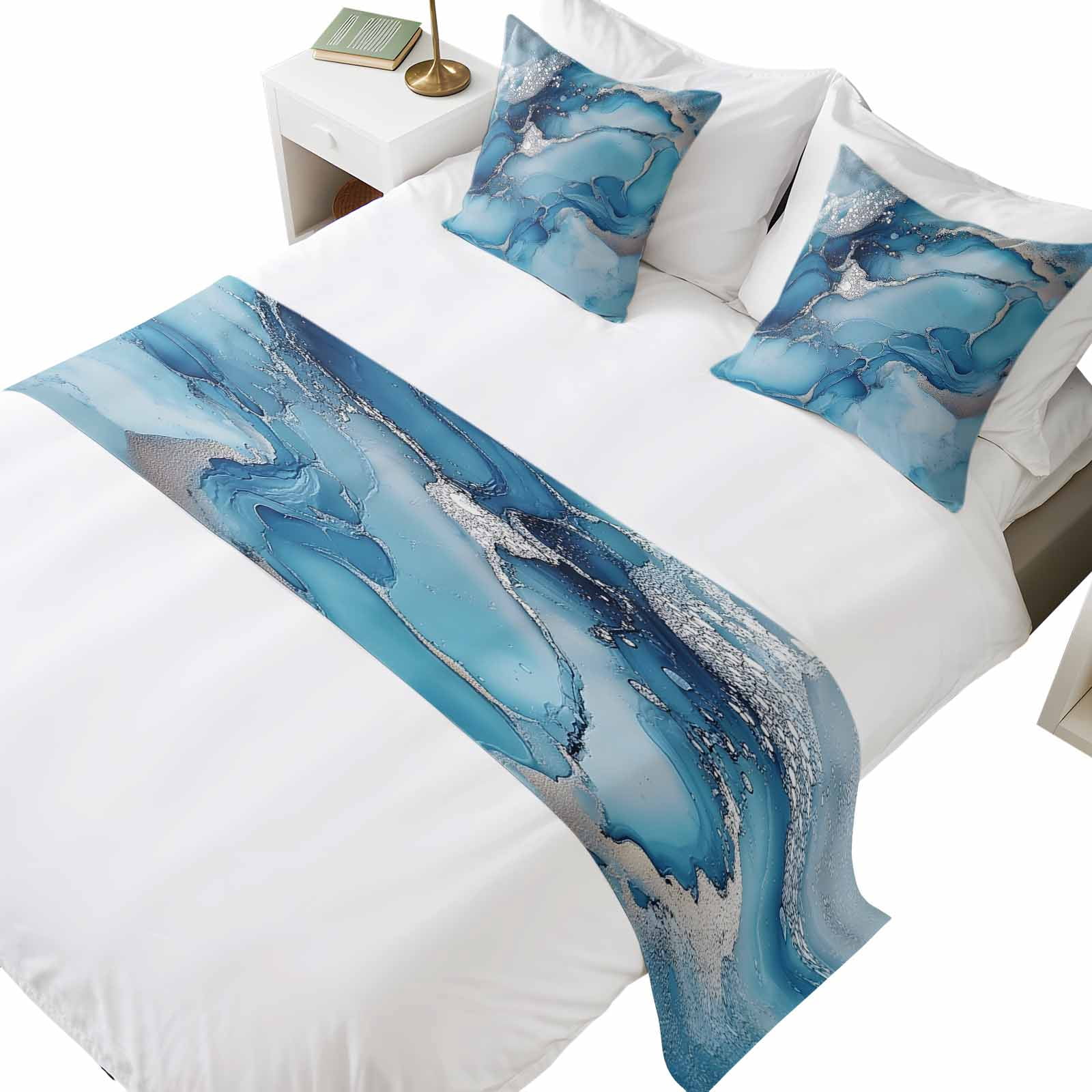 California King Size Marble Texture Bed Runner Set 102 x 20 inch Blue ...