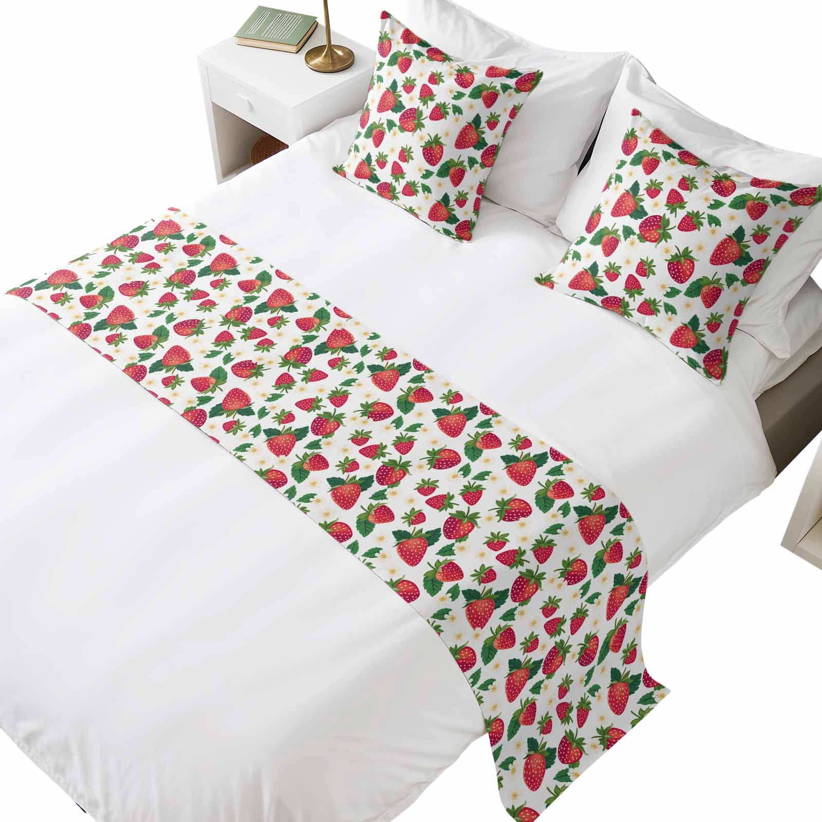 California King Size Red Strawberry Bed Runner Set 102 x 20 inch White ...