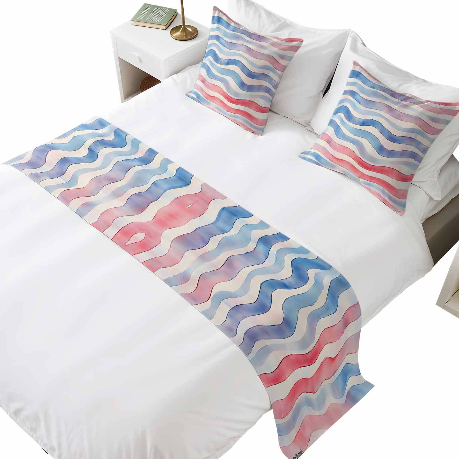 California King Size Watercolors Red Blue Wave Bed Runner Set 102 x 20 ...