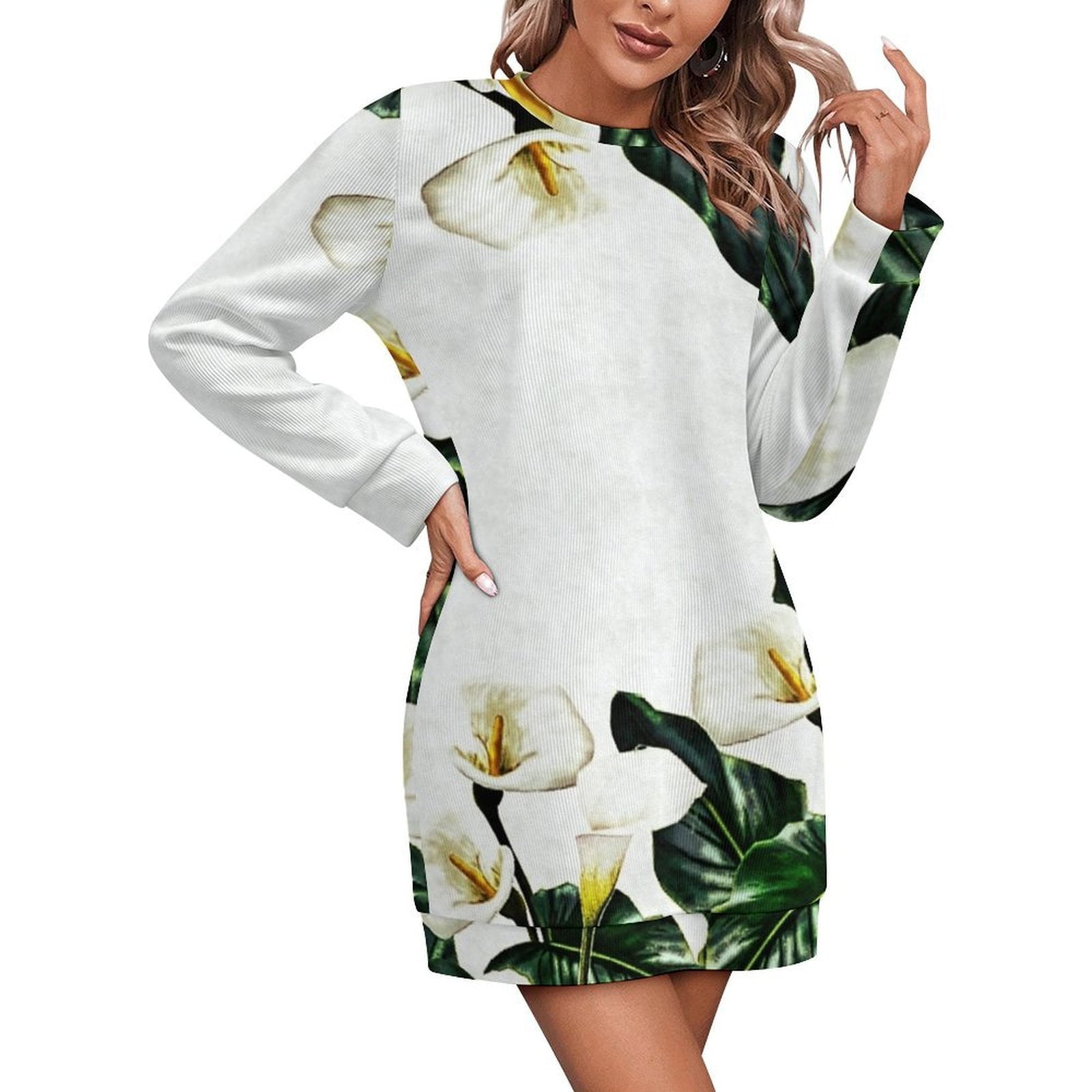 Calla Lilies Women Elegant Long Sleeve Warm Dress Autumn Winter Sweater ...