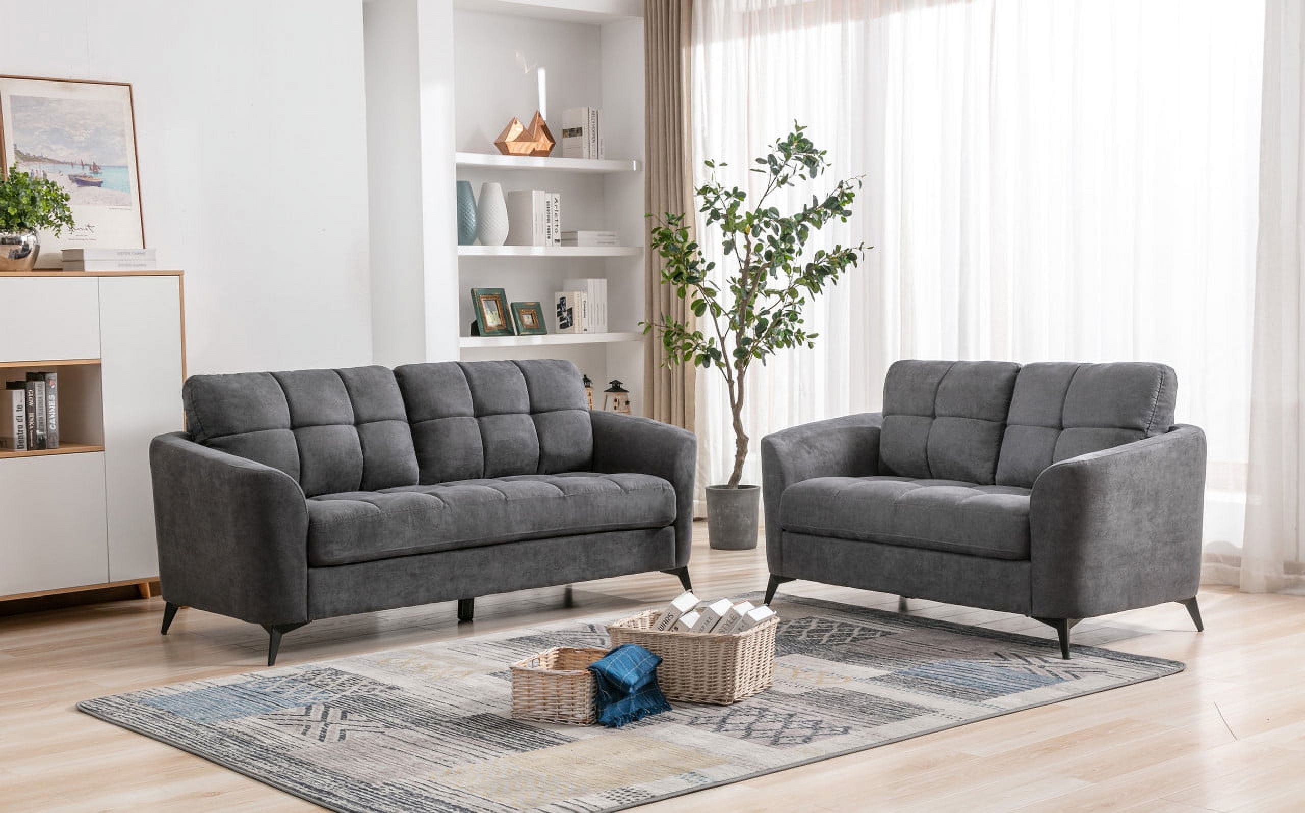 Callie Gray Velvet Sofa & Loveseat Living Room Set - 5-Seater Tufted ...