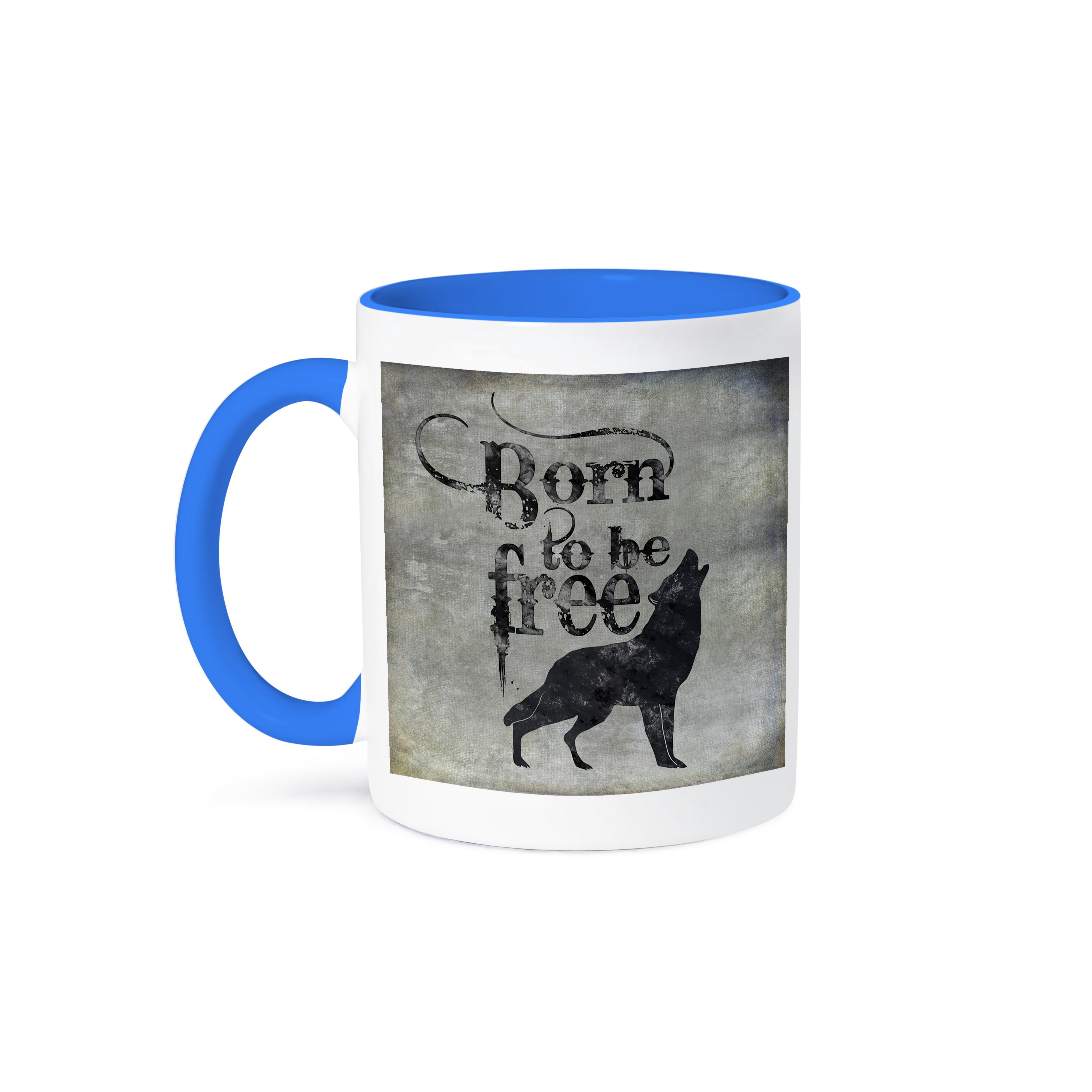 Calligraphy Born To Be Free And Grey Wolf, 15oz Two-Tone Blue Mug ...