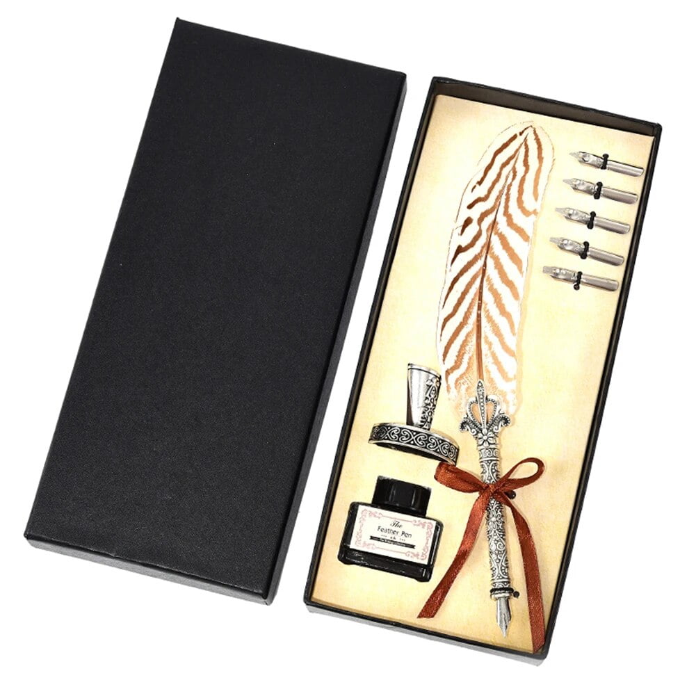 Calligraphy Feather Dip Pen with 2 Nib Set Quill Fountain Writing Pen ...