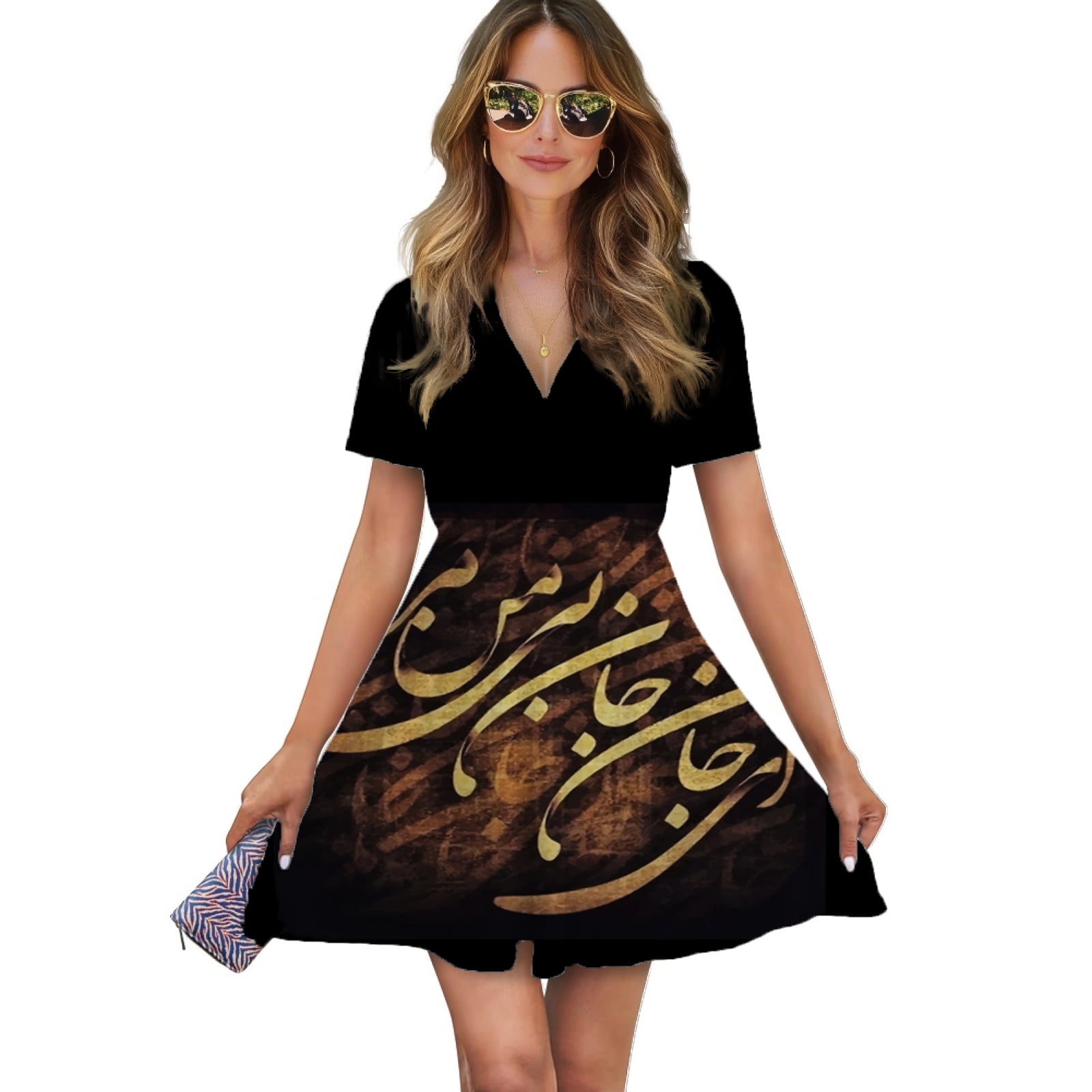 Calligraphy Of A Persian Poem Women Dress V-Neck Short Sleeve Flowy ...