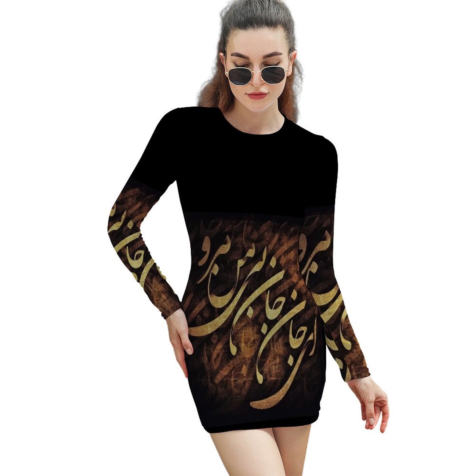 Calligraphy Of A Persian Poem Women's Long Sleeve Bodycon Dress Soft ...