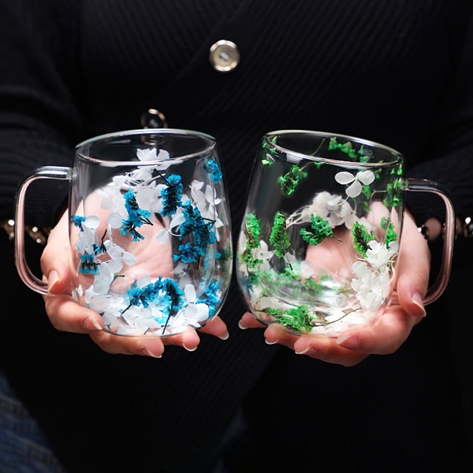 Callipe 250ml Double Walled Glass Mug Clear Floral Wide Mouth Cup with ...