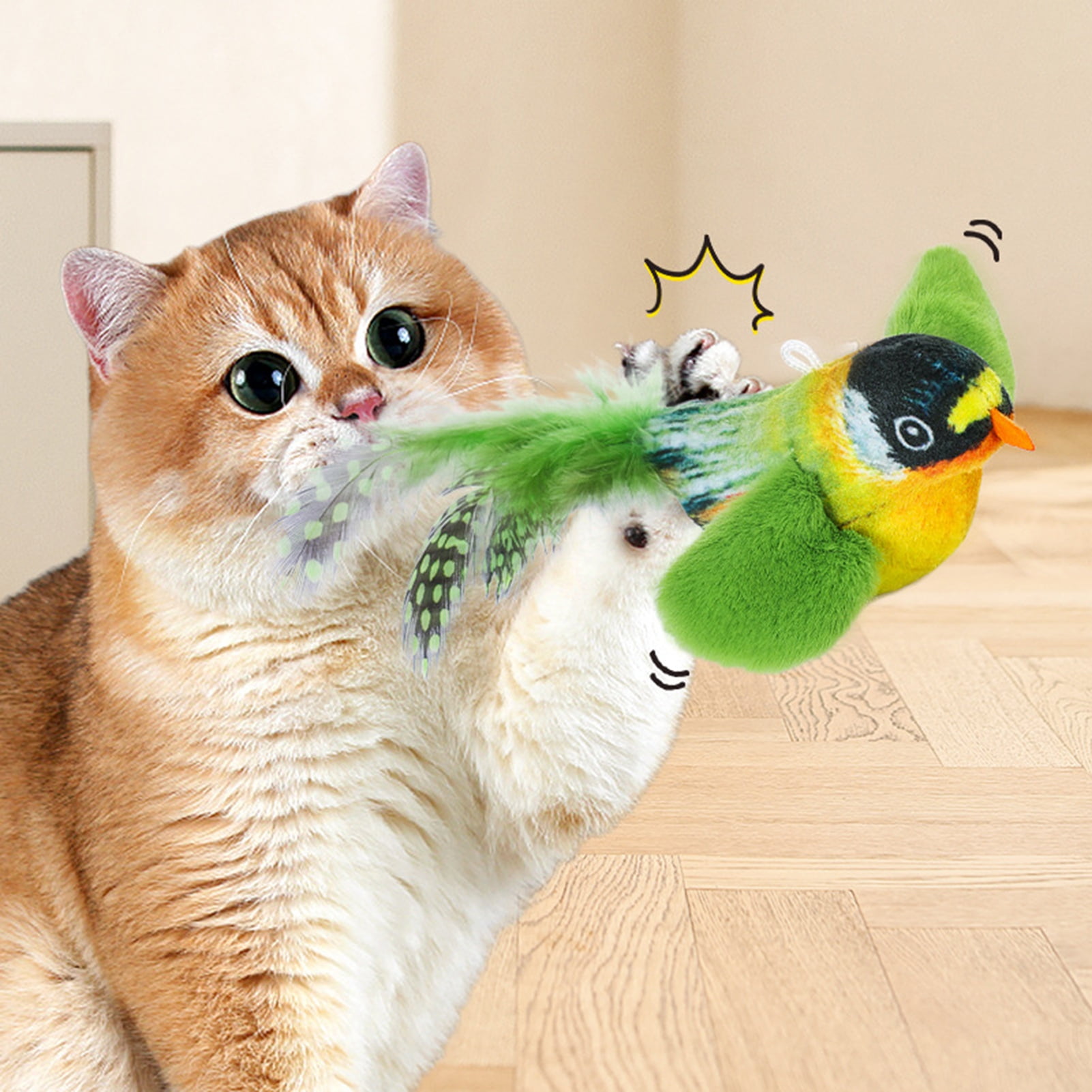 Callipe Chirping Bird Cat Toy Interactive Flapping Wings Plush Bird Toy ...
