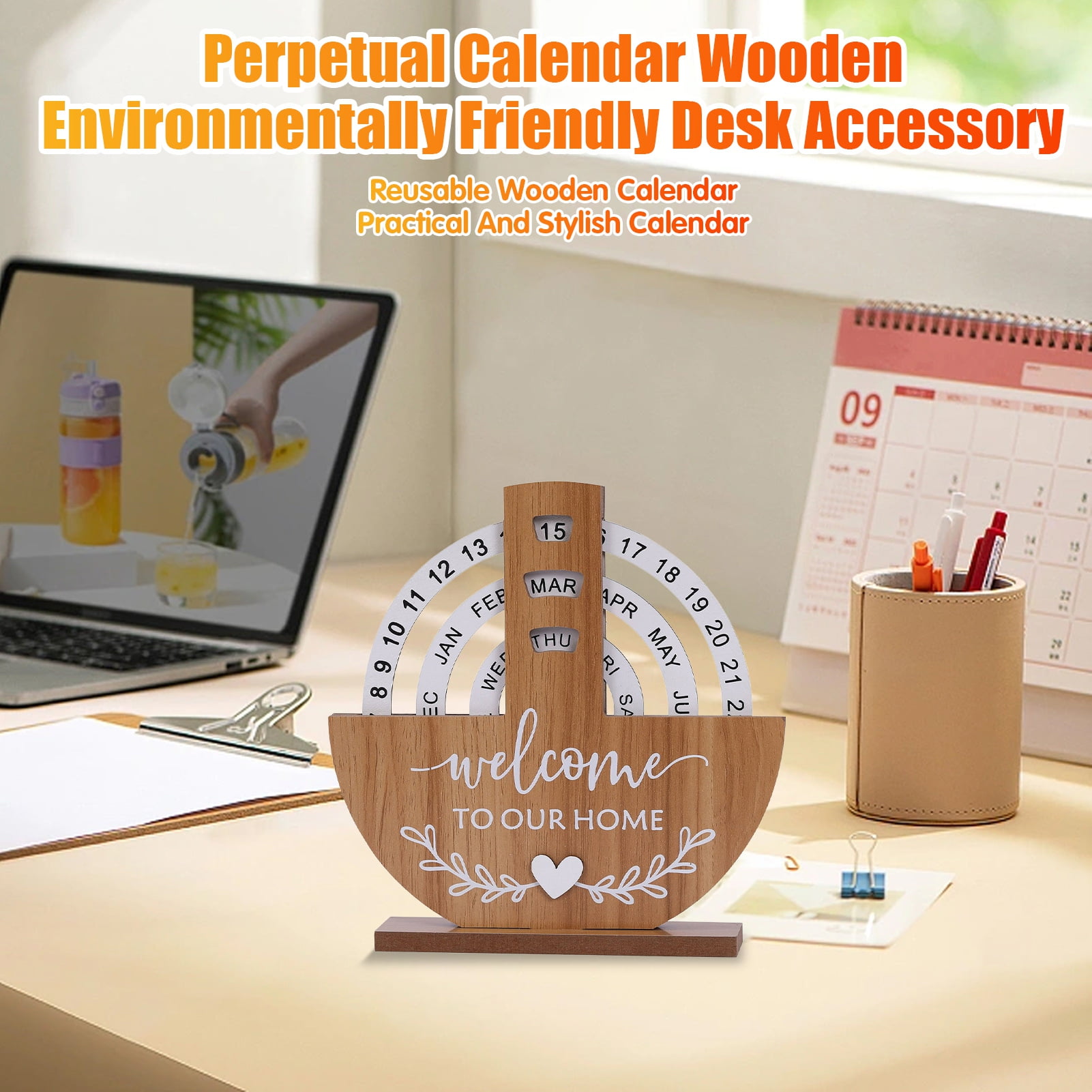 Callipe Rotatable Wooden Perpetual Desk Calendar with Base Heavy Duty ...